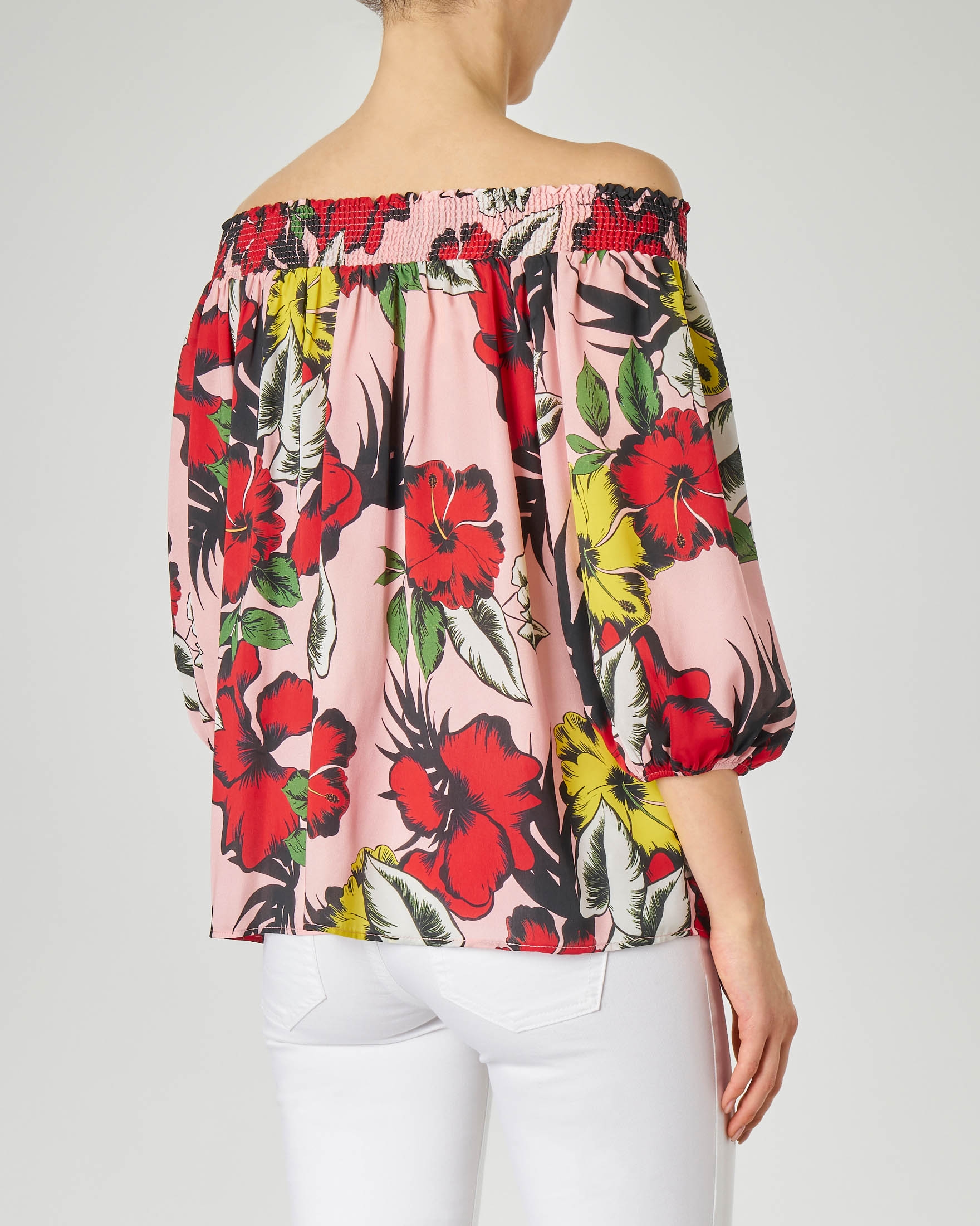 Blusa Rosa A Fantasia Floreale Multicolor Con Scollo Bardot E Maniche