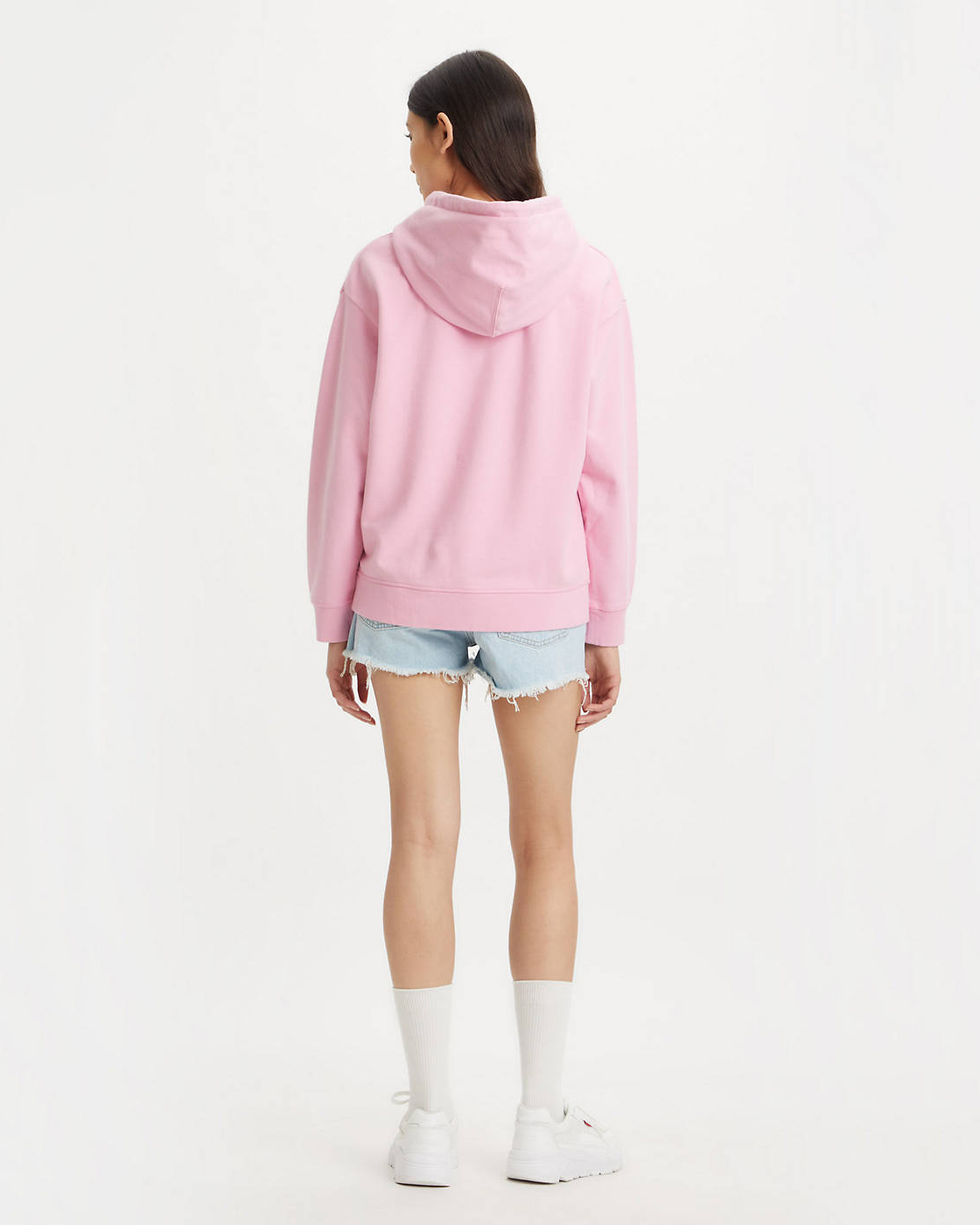 Felpa rosa in cotone con logo poster bianco stampato e cappuccio con ...