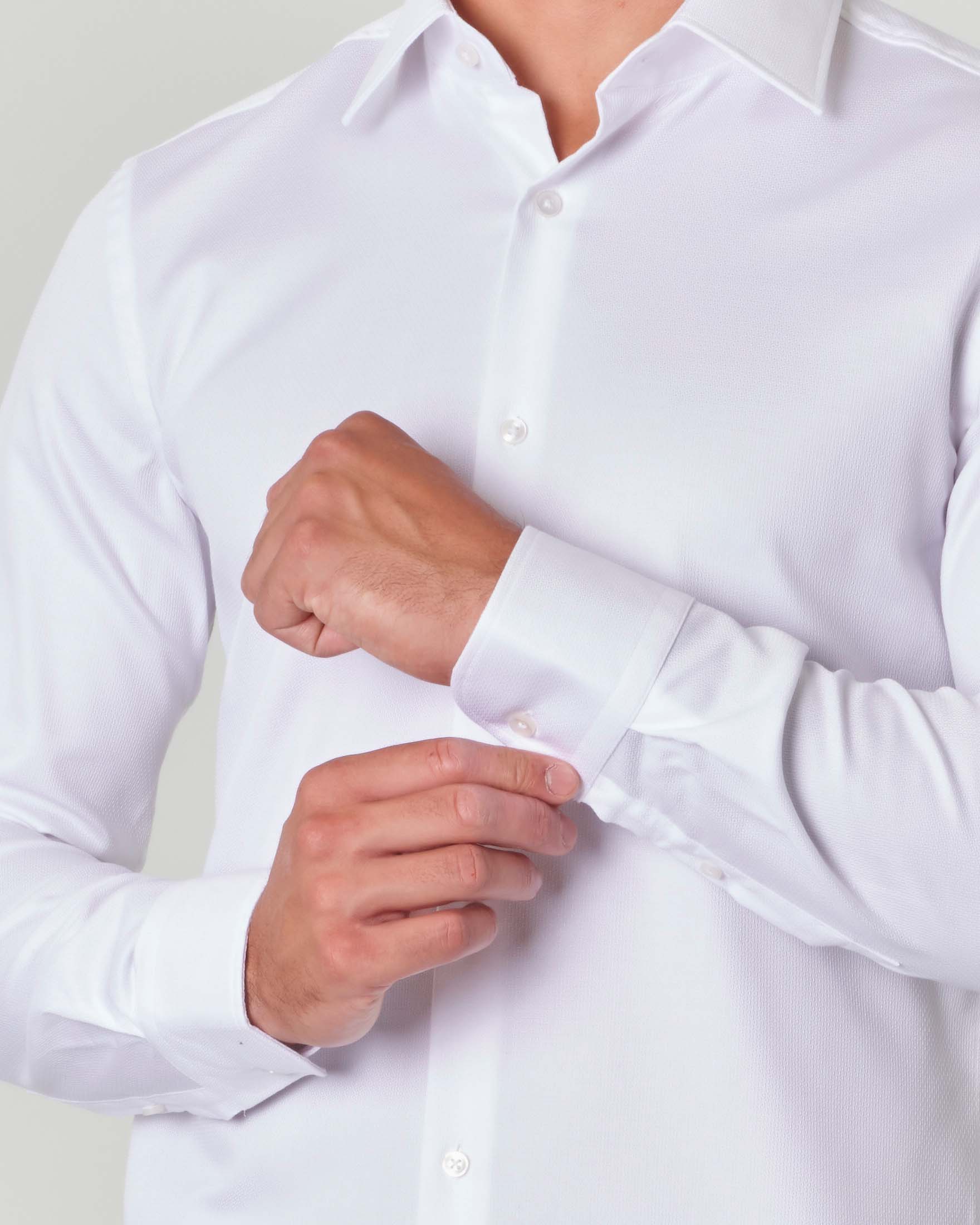 Camicia bianca Hank in cotone stretch micro armatura con colletto Kent ...