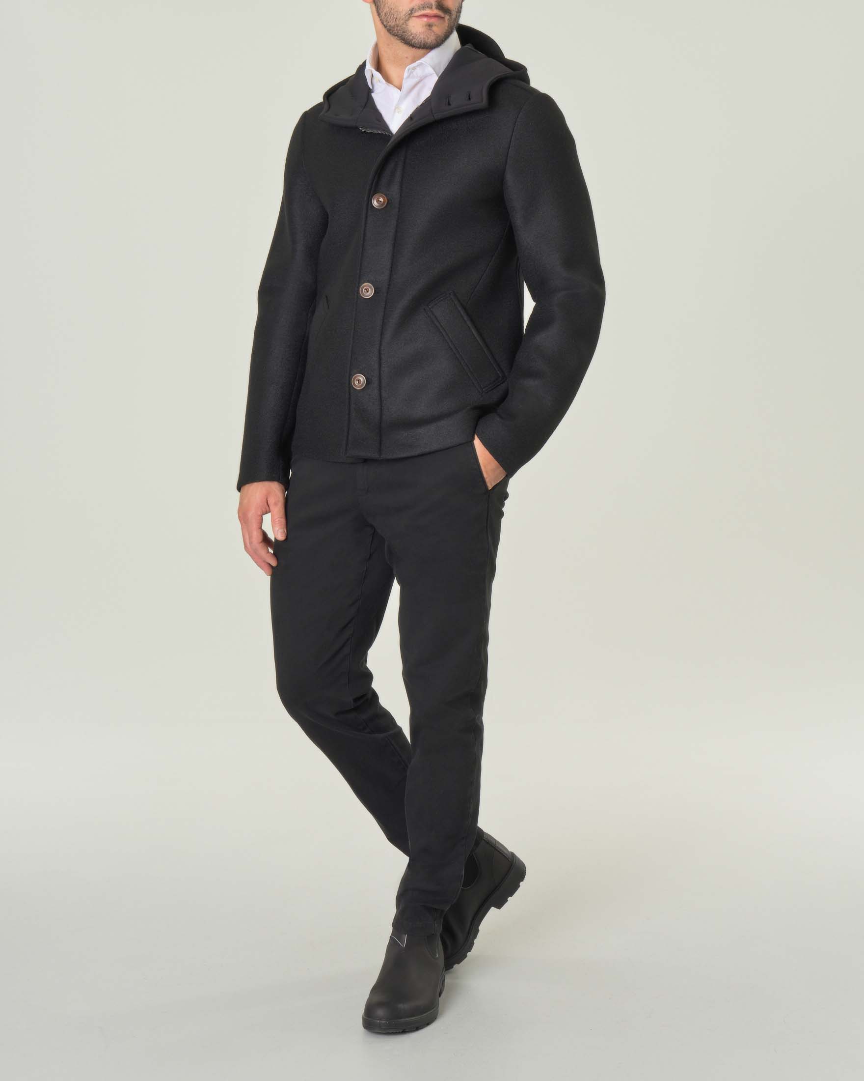 Cappottino corto nero in panno di lana con cappuccio