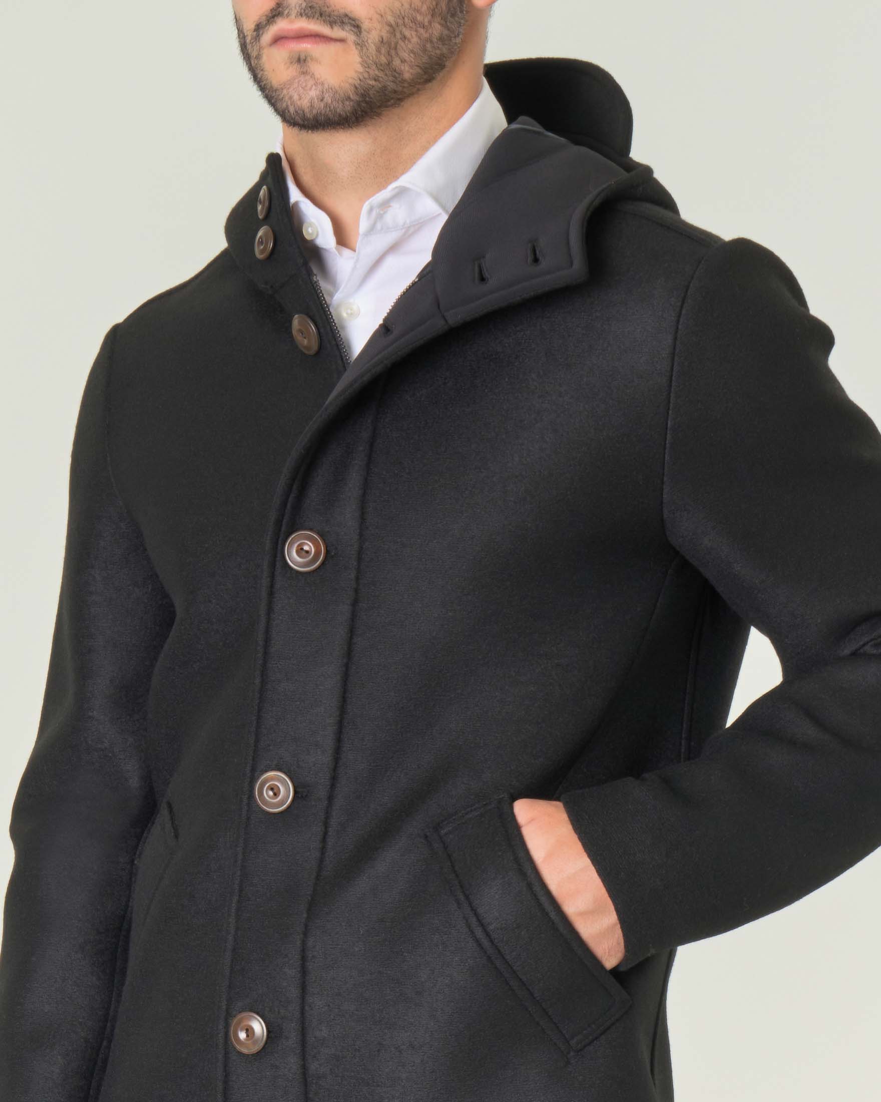 Cappottino corto nero in panno di lana con cappuccio