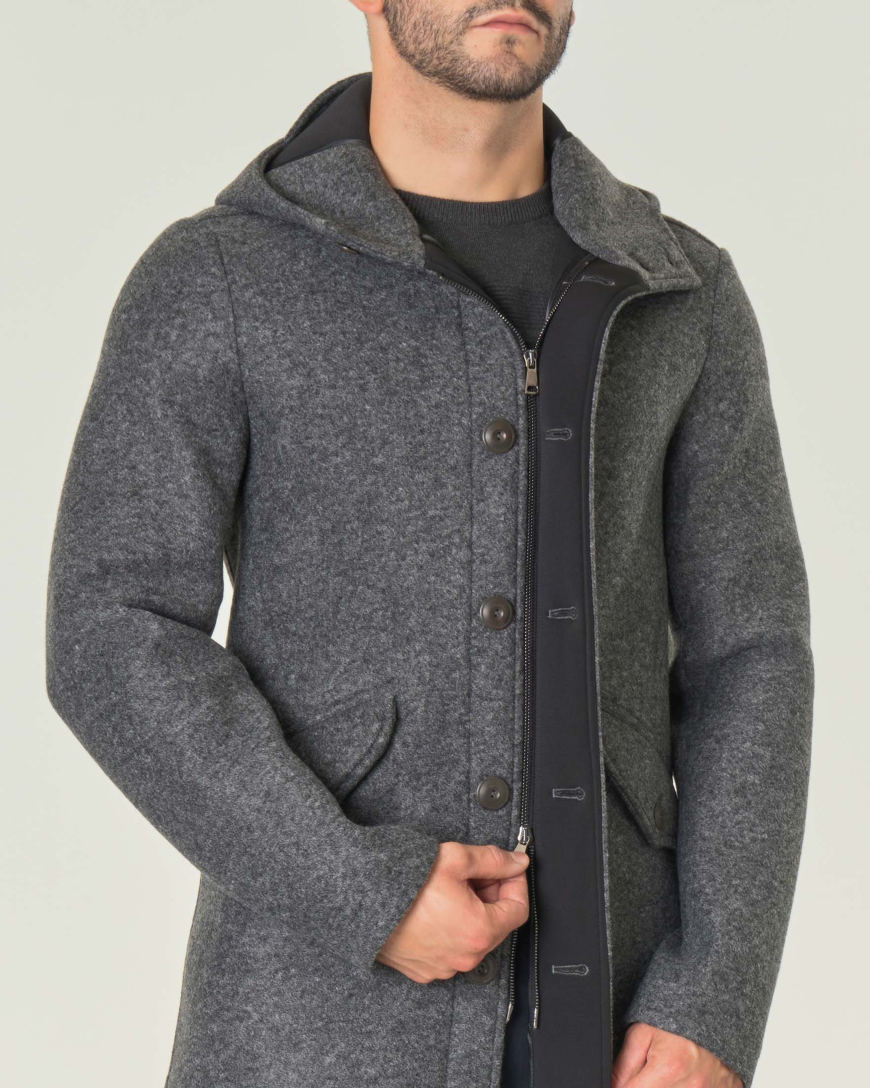 Cappottino grigio in panno di lana con cappuccio