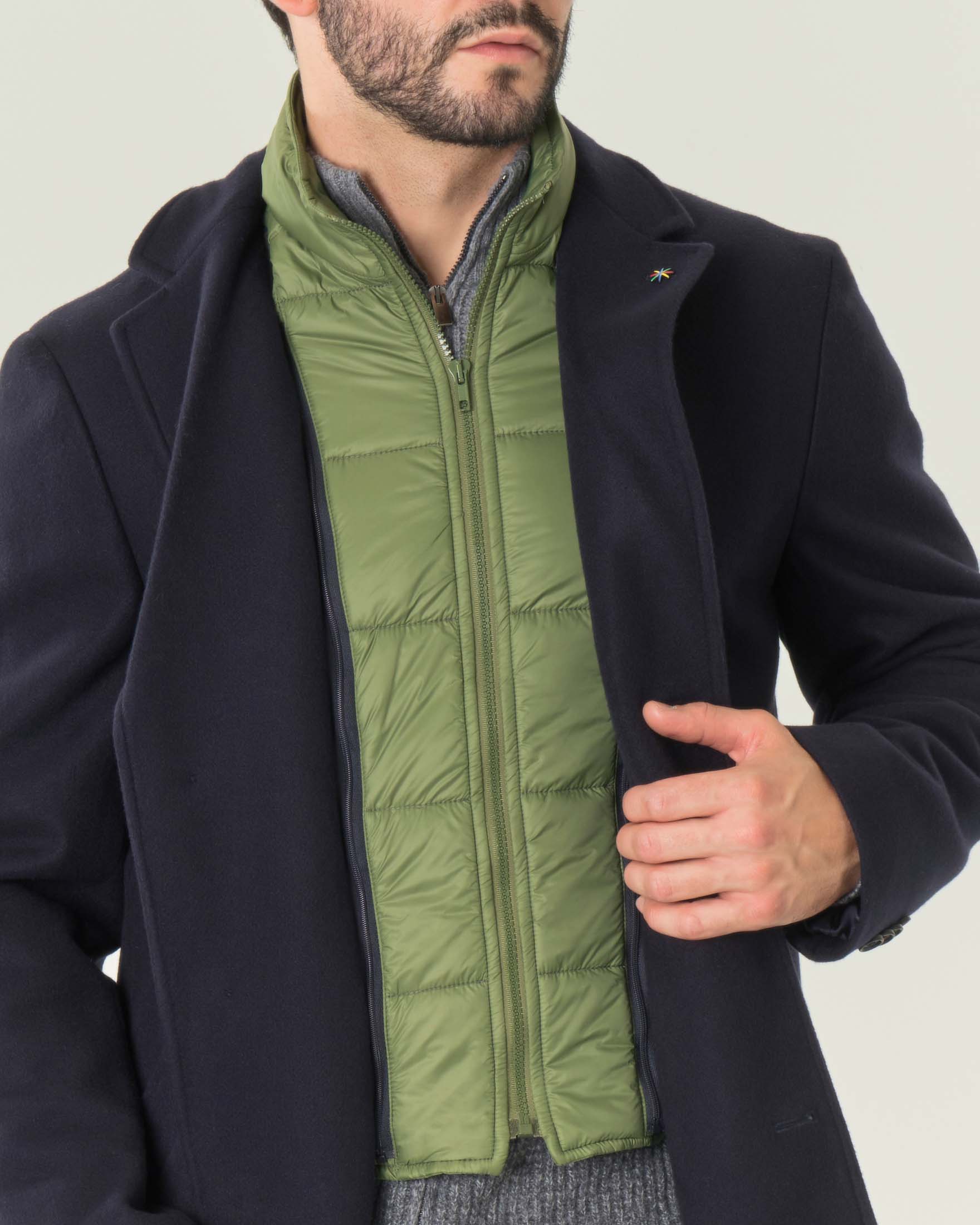 Cappotto blu in panno di misto lana con davantino verde staccabile