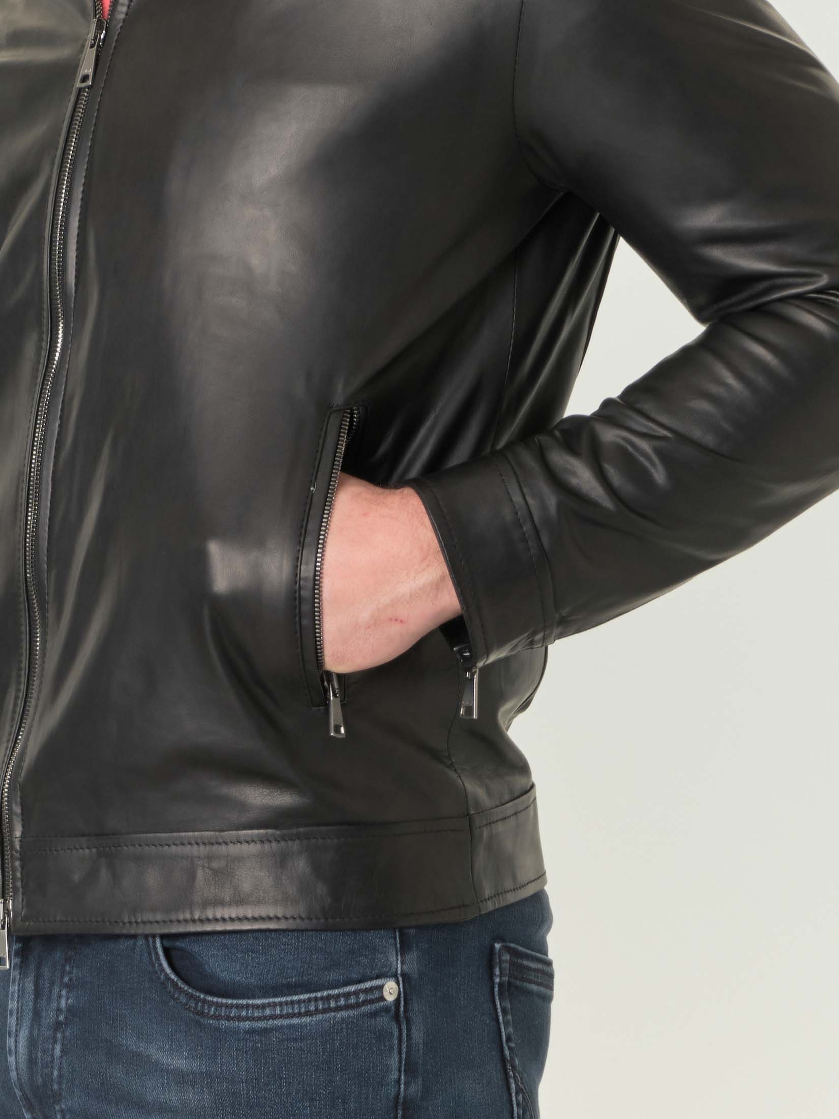 Giacca biker in pelle nera con collo alto | Pellizzari