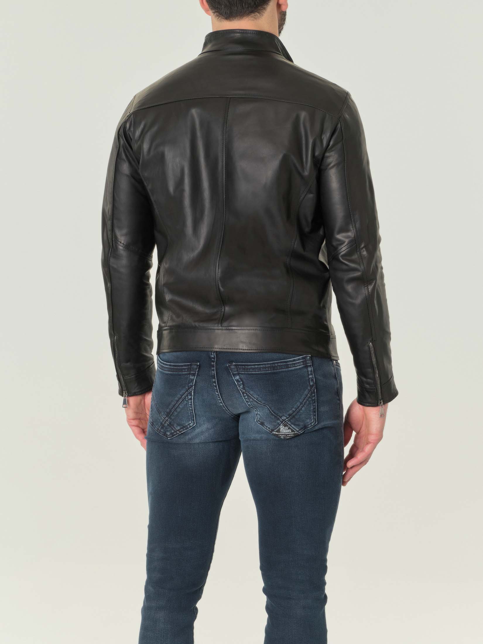 Giacca biker in pelle nera con collo alto | Pellizzari