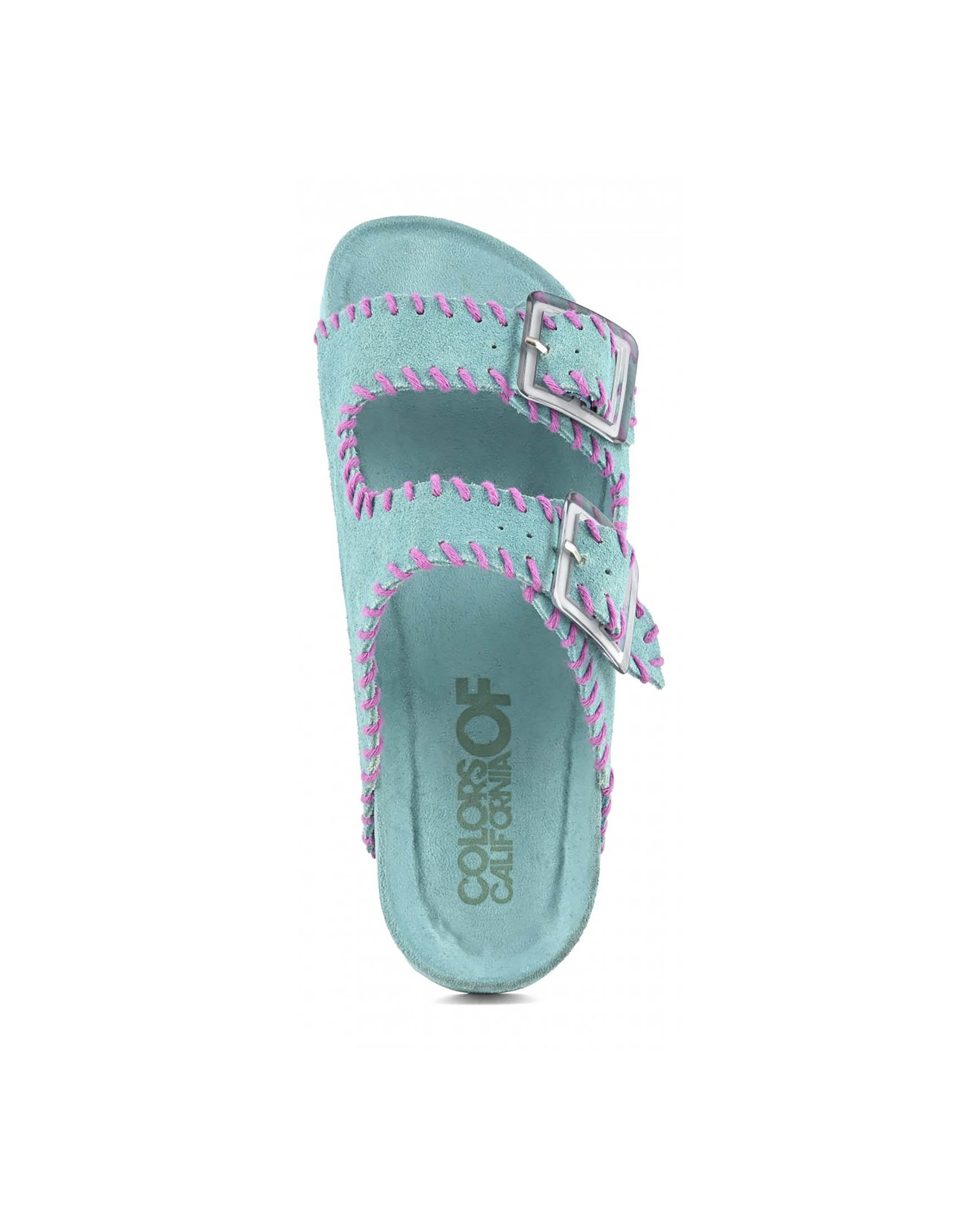 Sandali color turchese in suede con impunture in filo color fucsia e ...