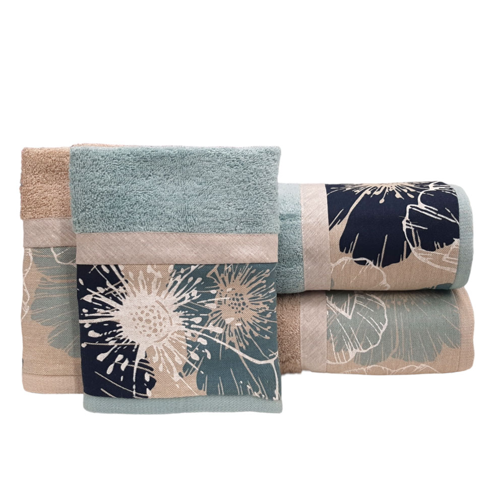 Set of 2 pairs of clay blue floral Vega towels