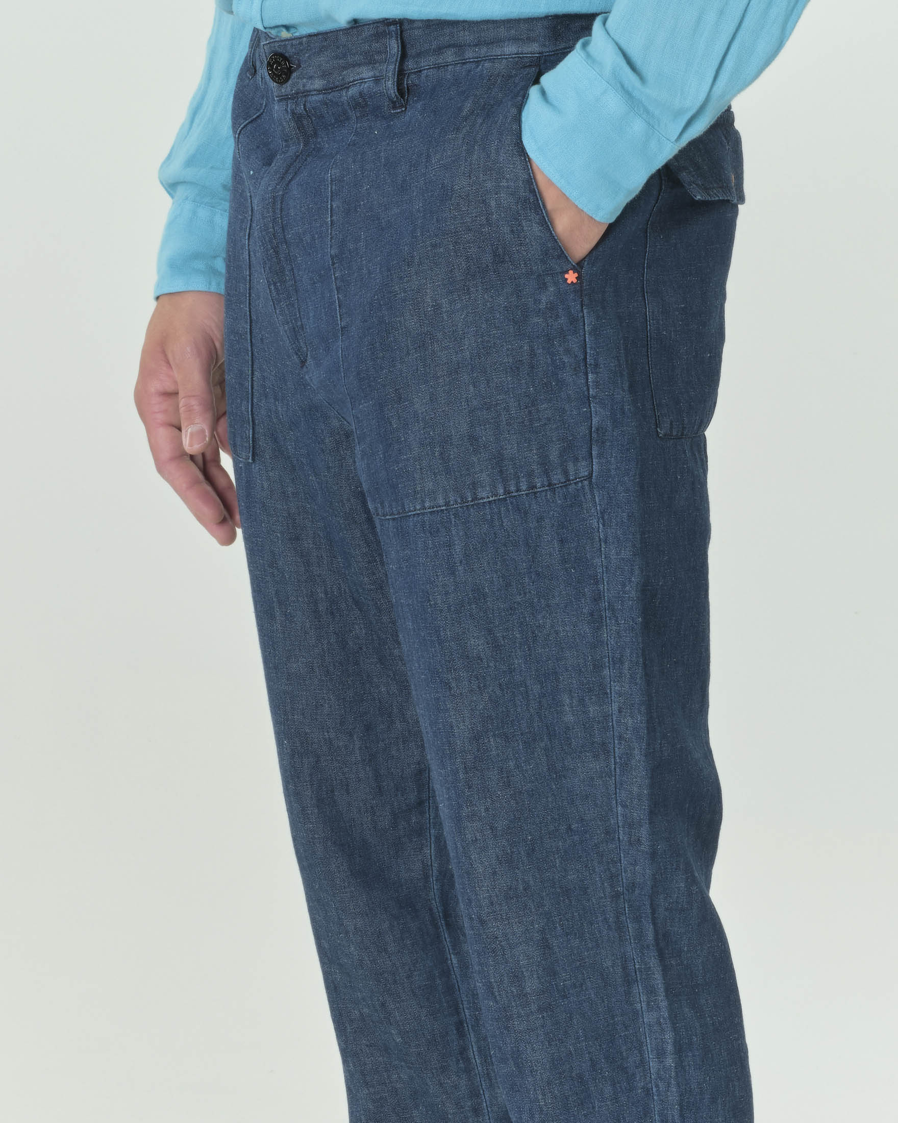 Pantalone fatigue in denim di cotone e lino