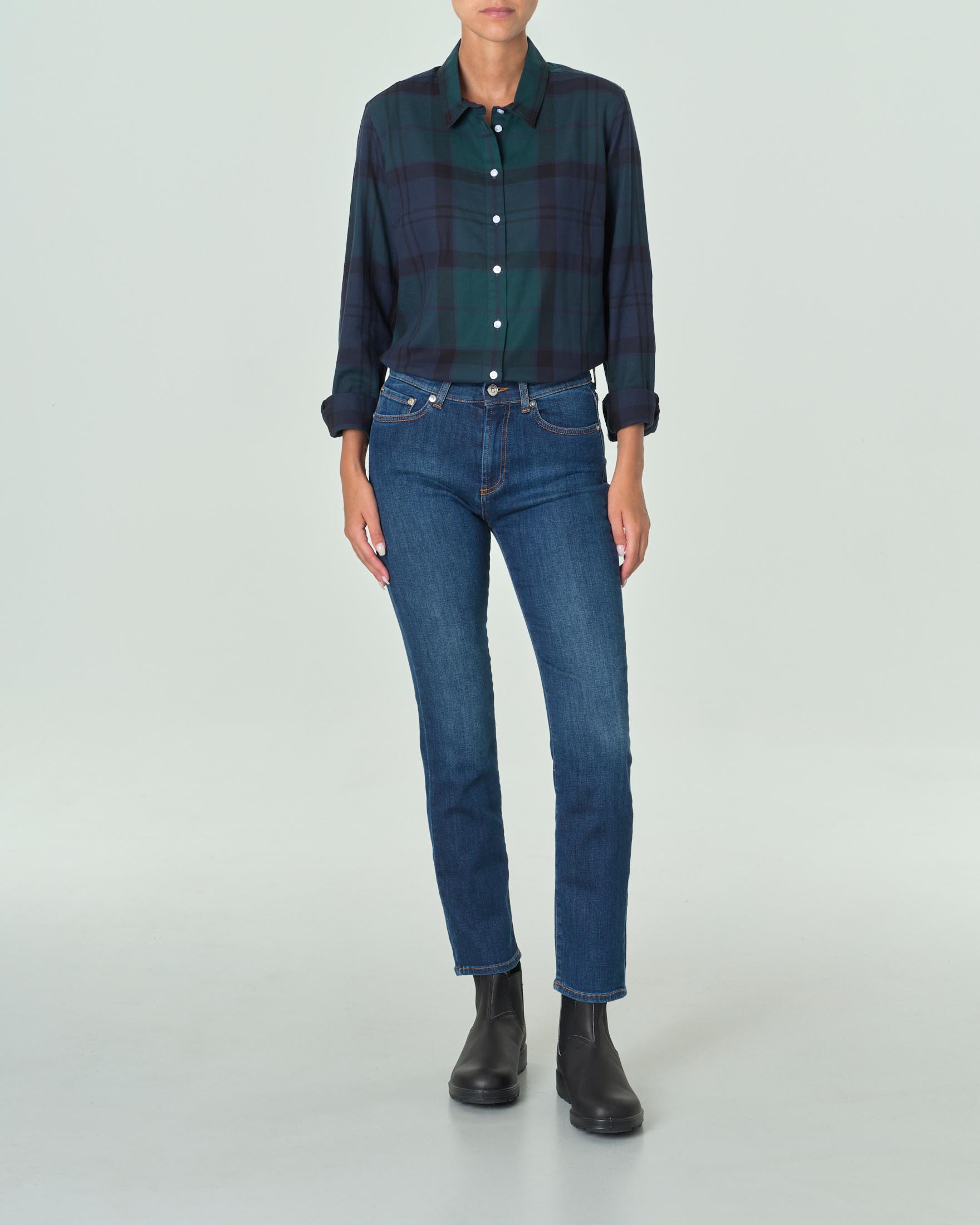 Camicia in flanella di cotone blu e verde a fantasia check con colletto ...