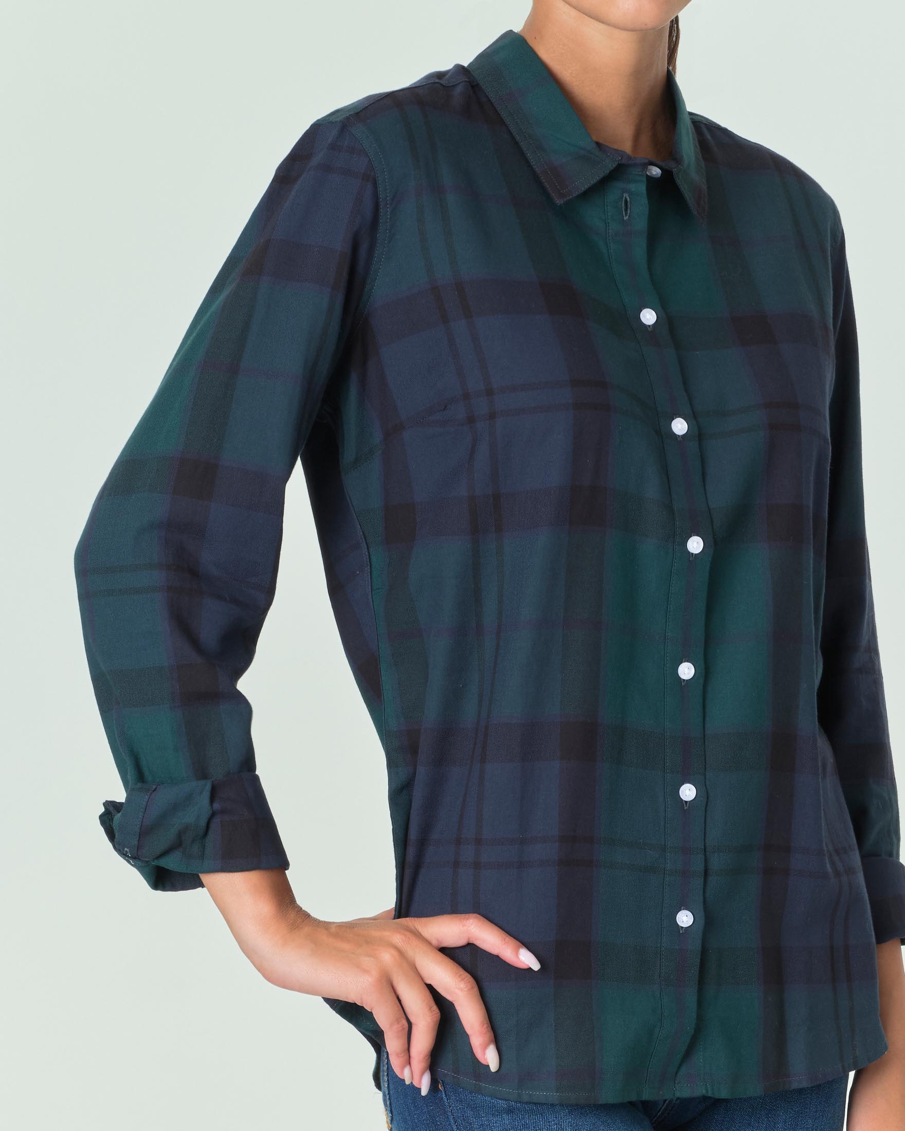 Camicia in flanella di cotone blu e verde a fantasia check con colletto ...