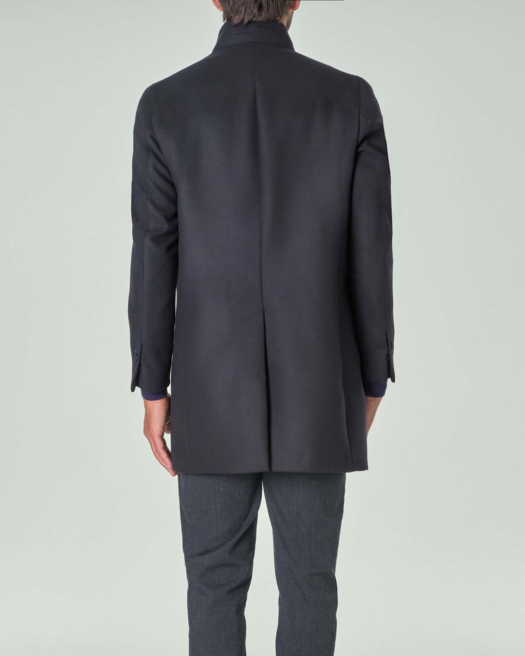 Cappotto blu in panno di viscosa stretch con rever dritto