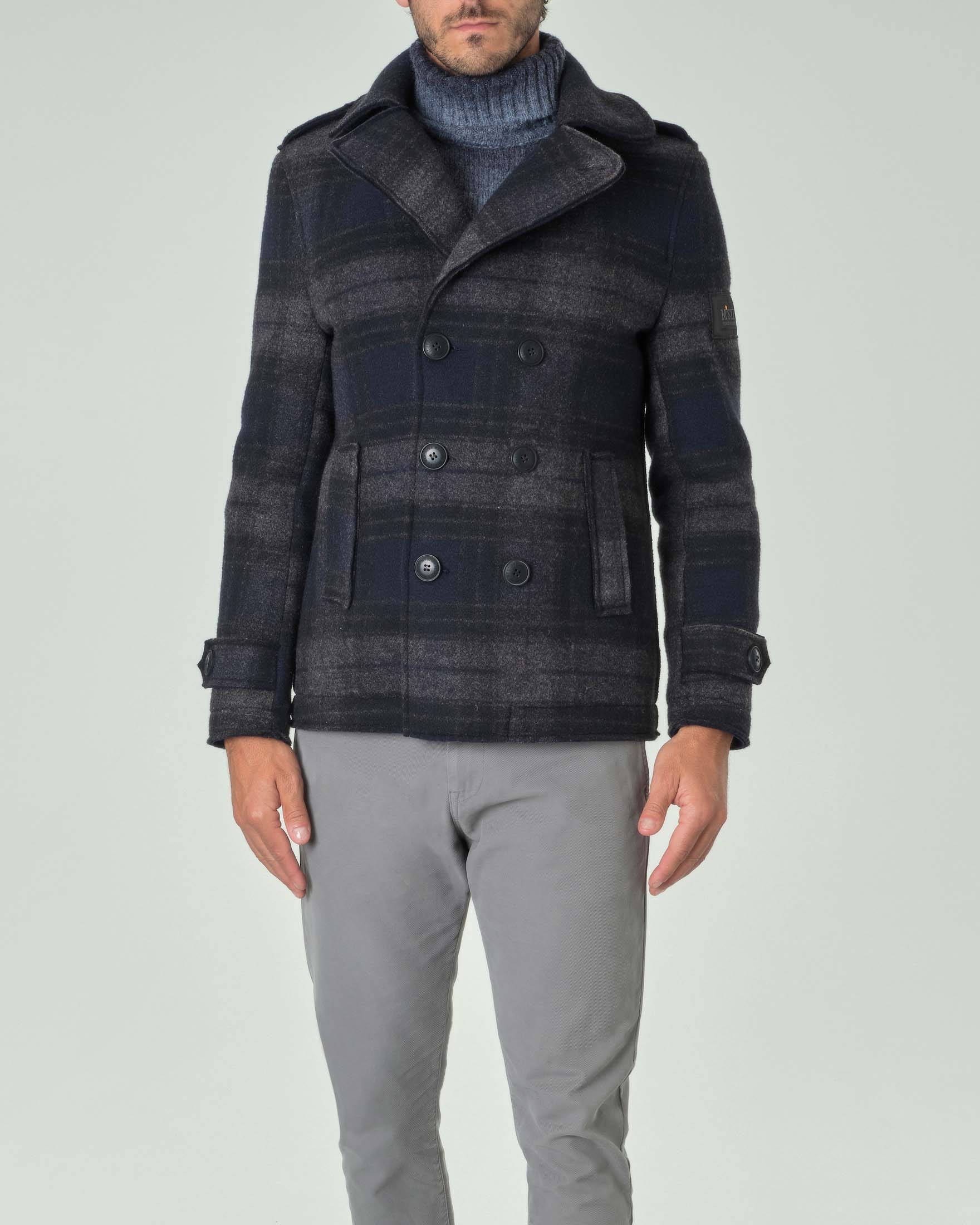 Caban check blu e grigio in panno di lana cotta