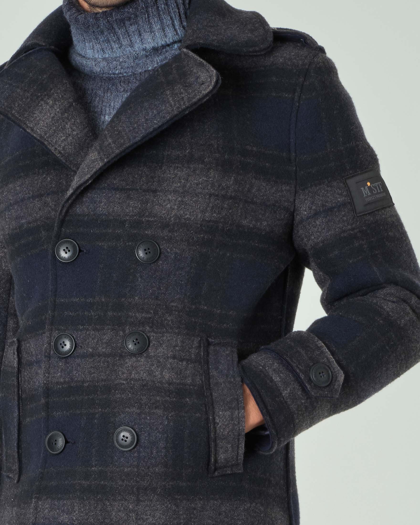 Caban check blu e grigio in panno di lana cotta