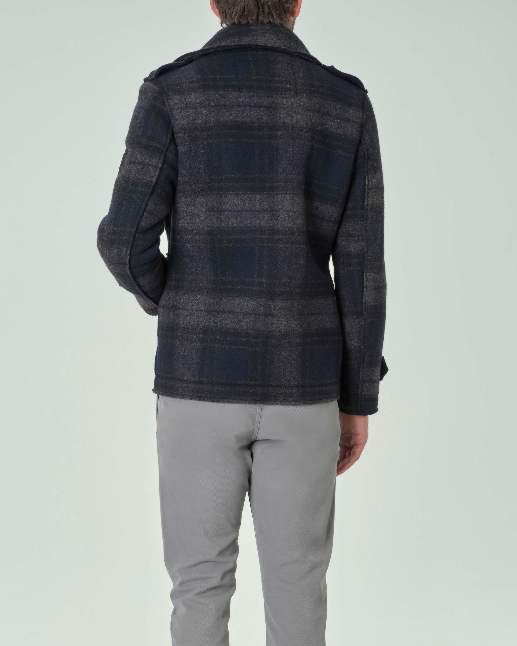 Caban check blu e grigio in panno di lana cotta