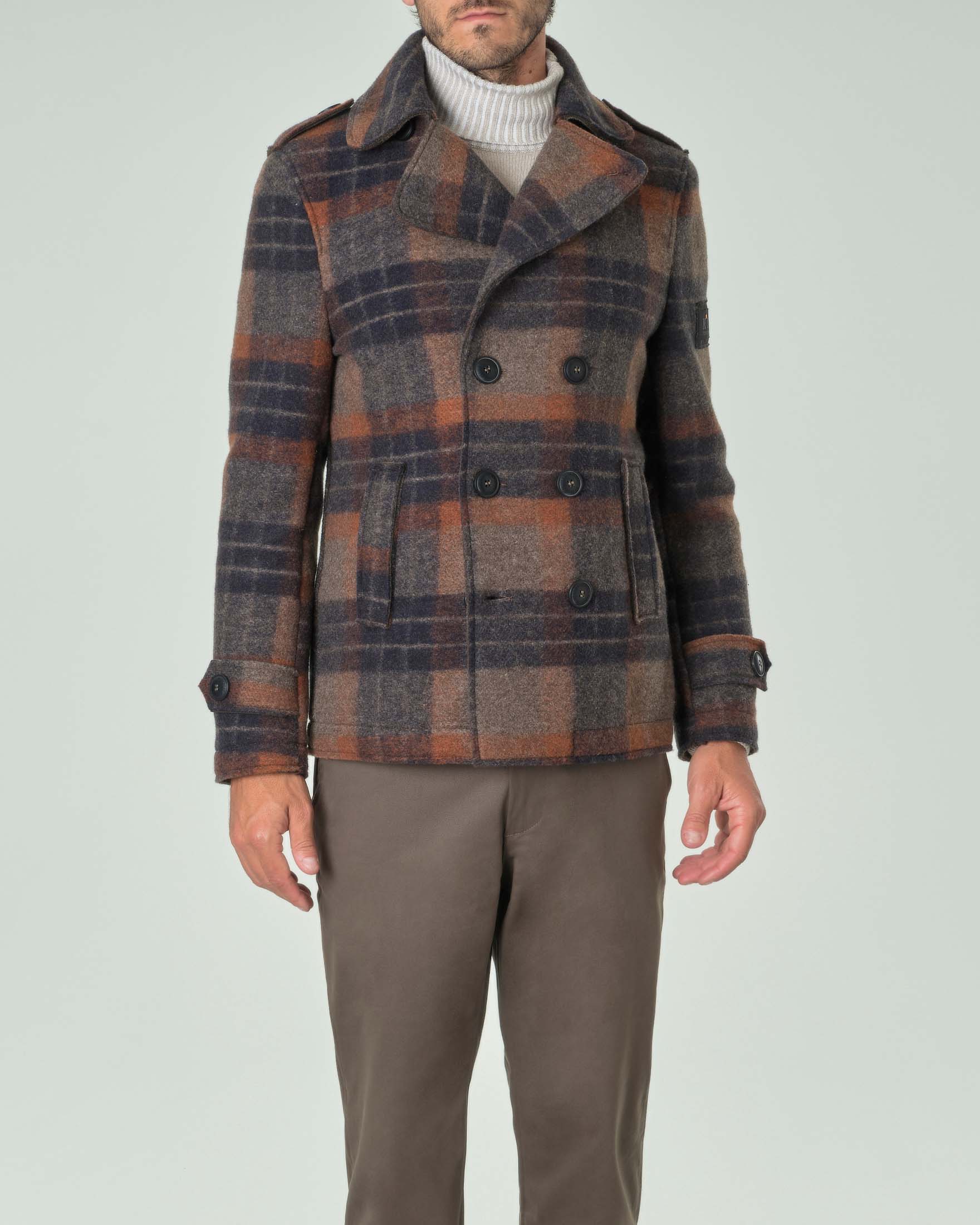 Caban check arancio e grigio in panno di lana cotta | Pellizzari