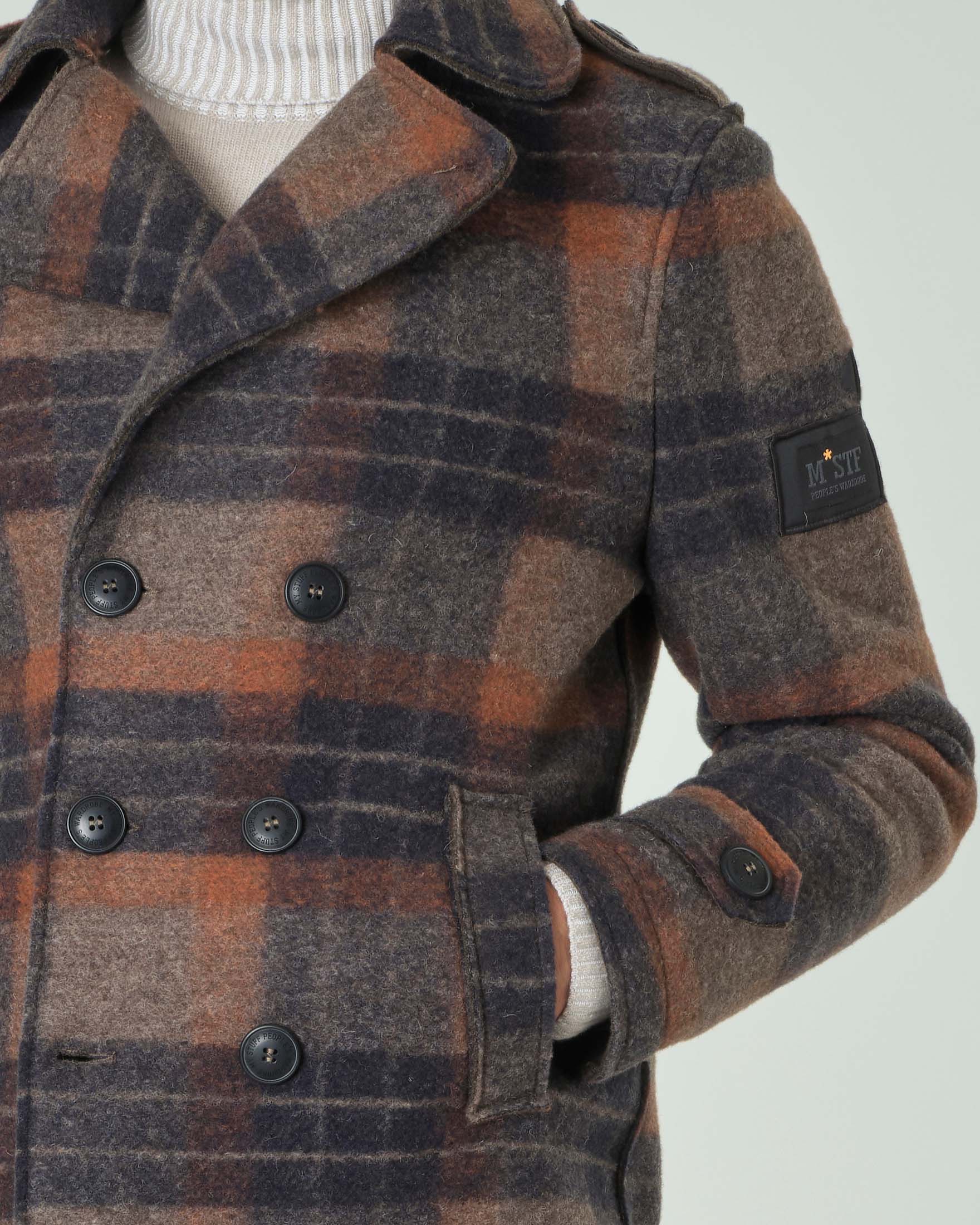 Caban check arancio e grigio in panno di lana cotta | Pellizzari