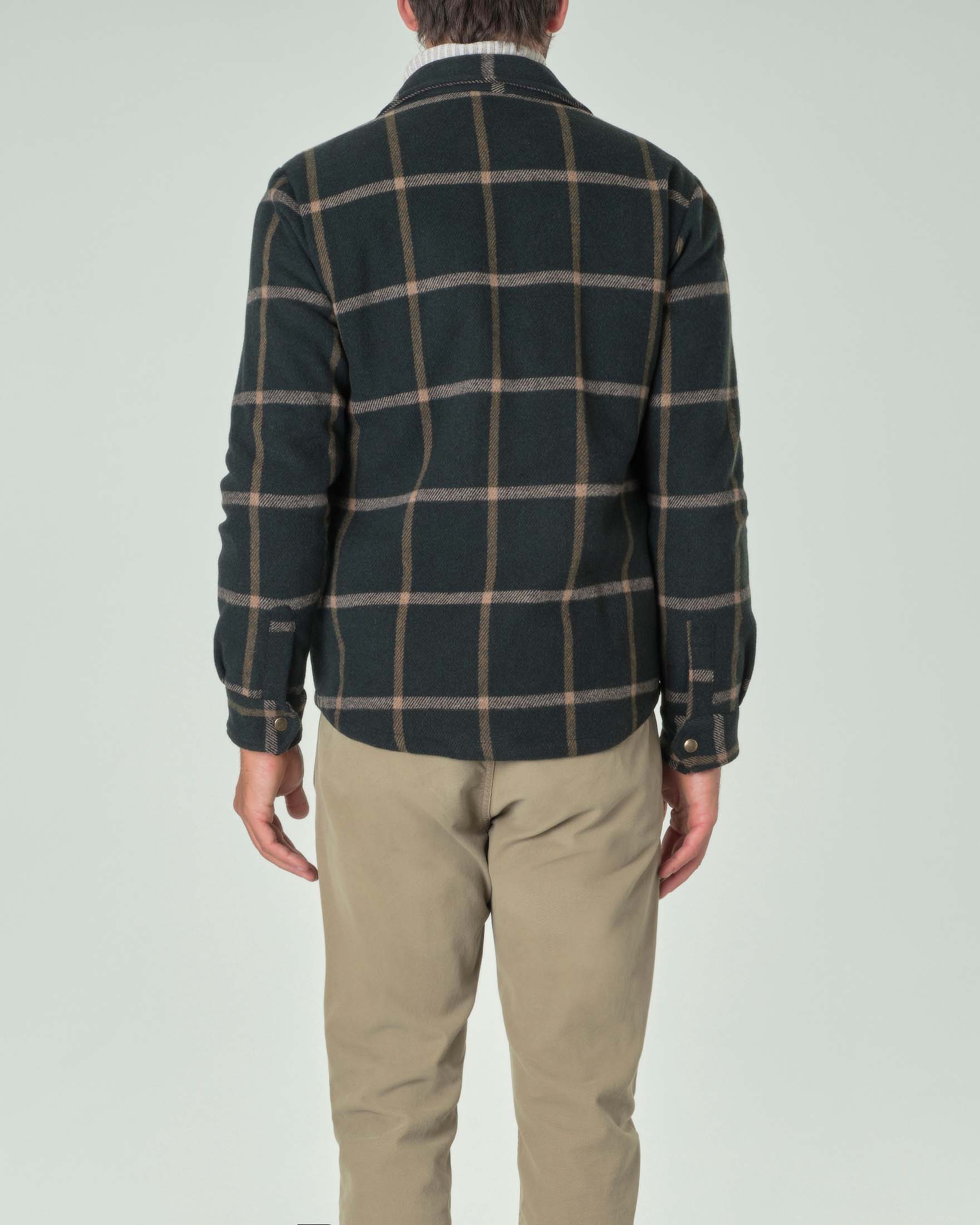 Giacca camicia imbottita in panno di lana verde scuro a quadri color noce