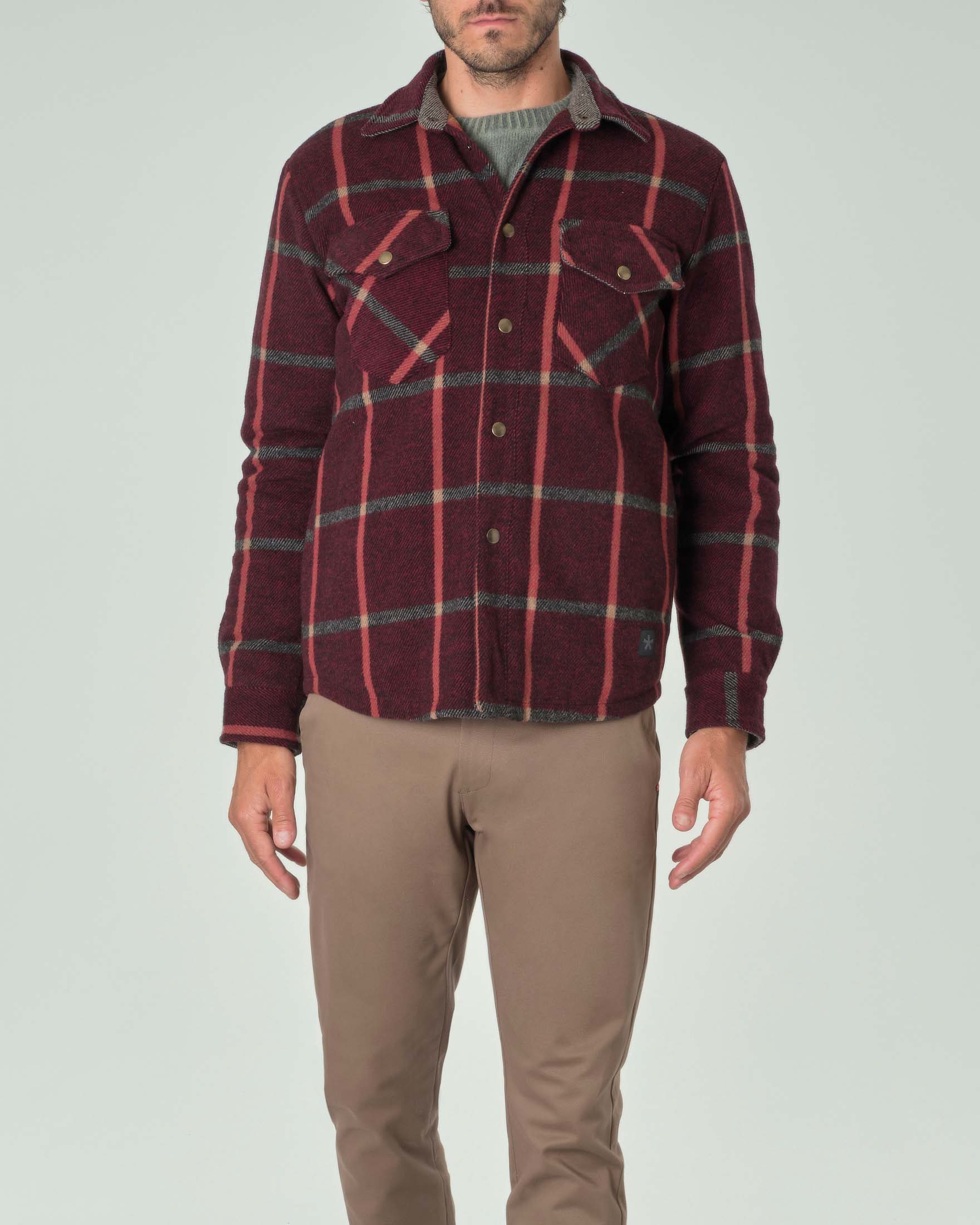 Giacca camicia imbottita in panno di lana bordeaux a quadri grigi ...