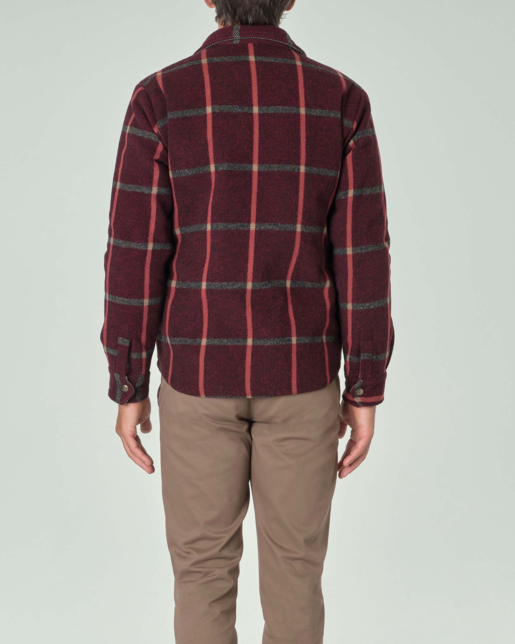 Giacca camicia imbottita in panno di lana bordeaux a quadri grigi