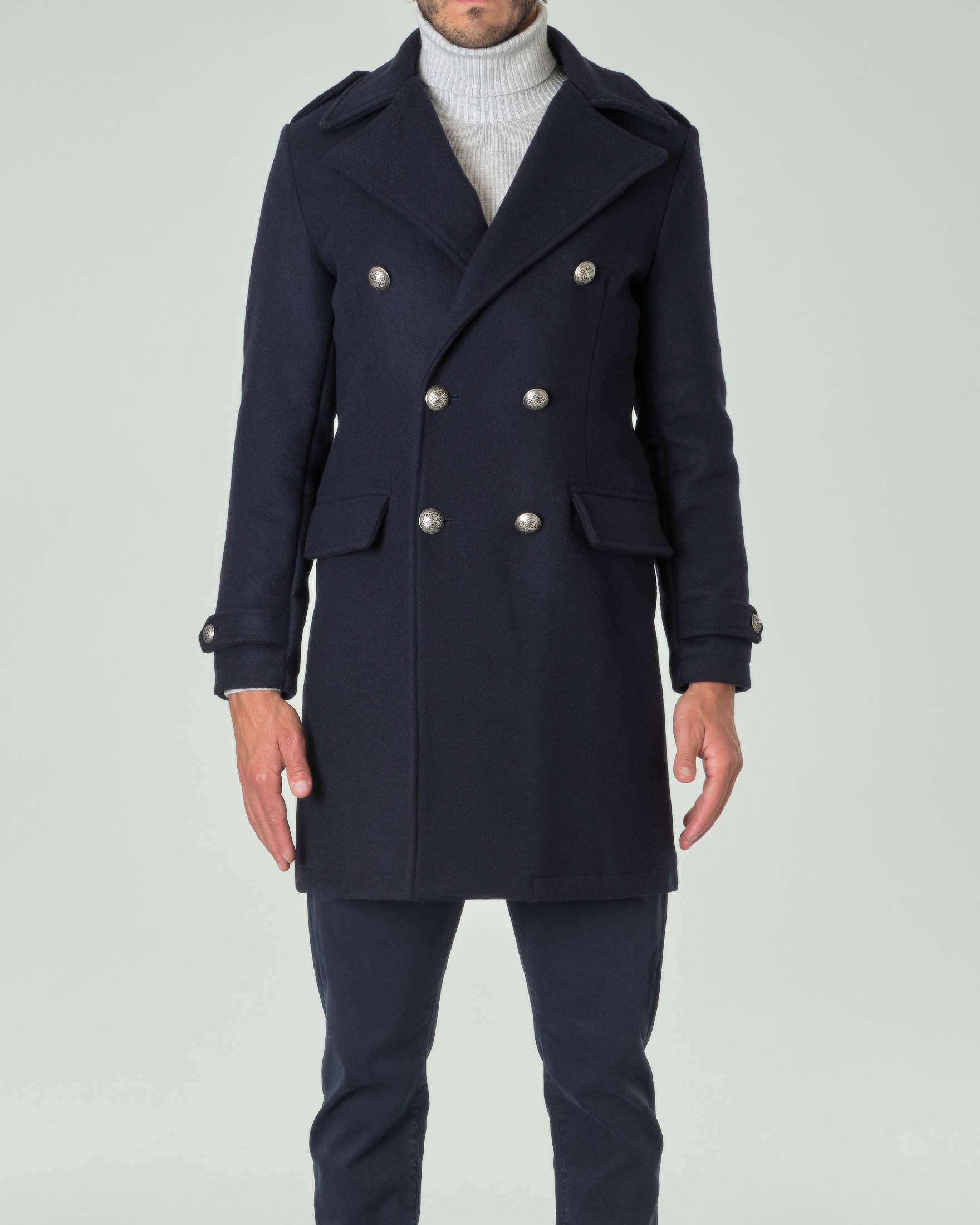 Cappotto doppiopetto blu in panno di lana