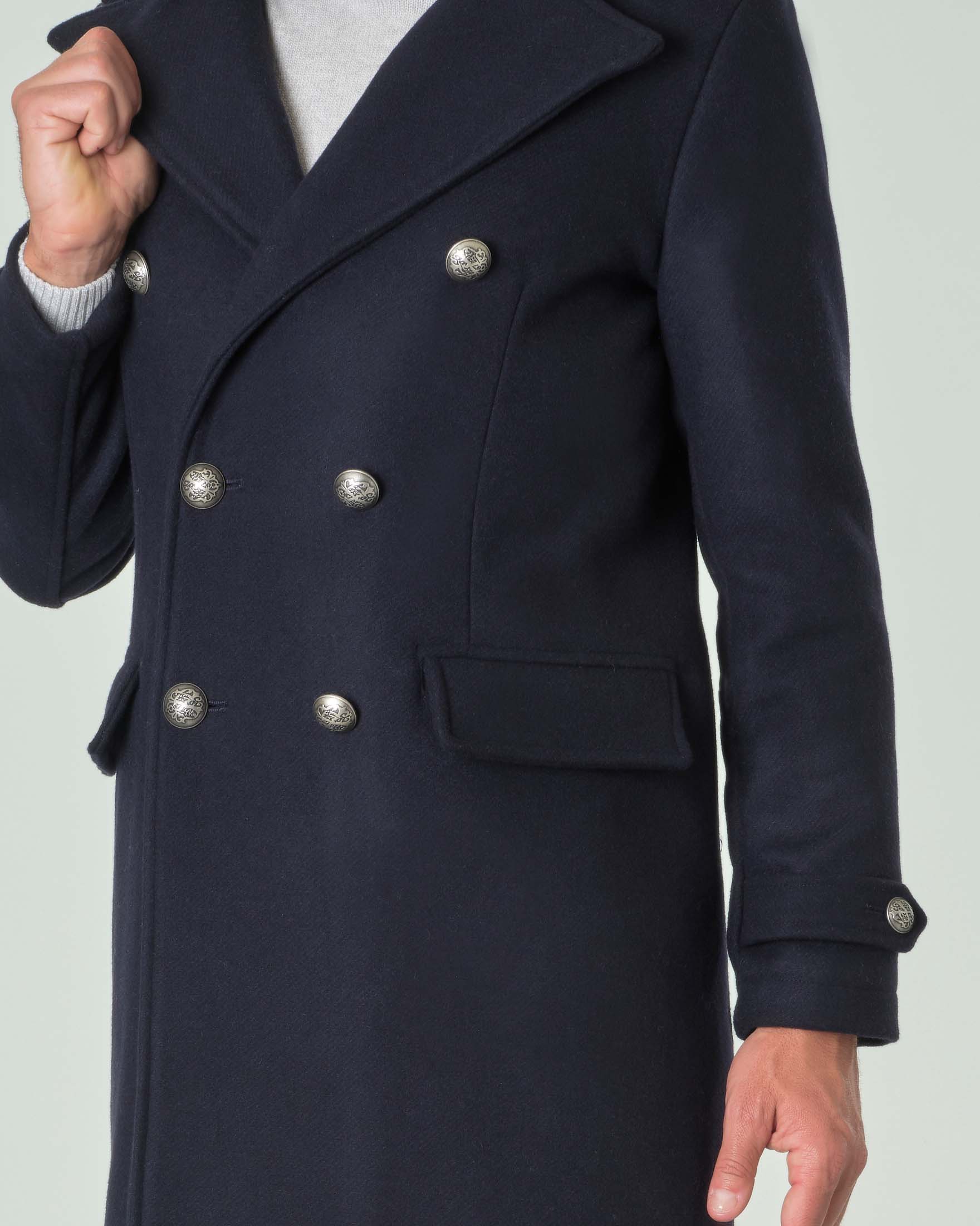 Cappotto doppiopetto blu in panno di lana