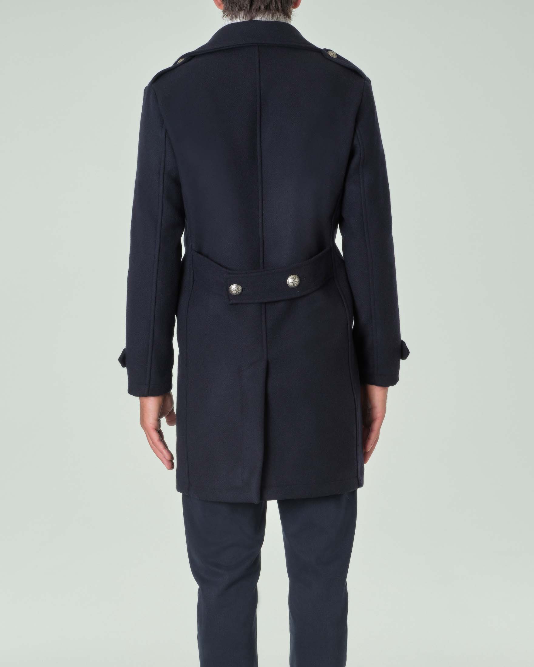 Cappotto doppiopetto blu in panno di lana