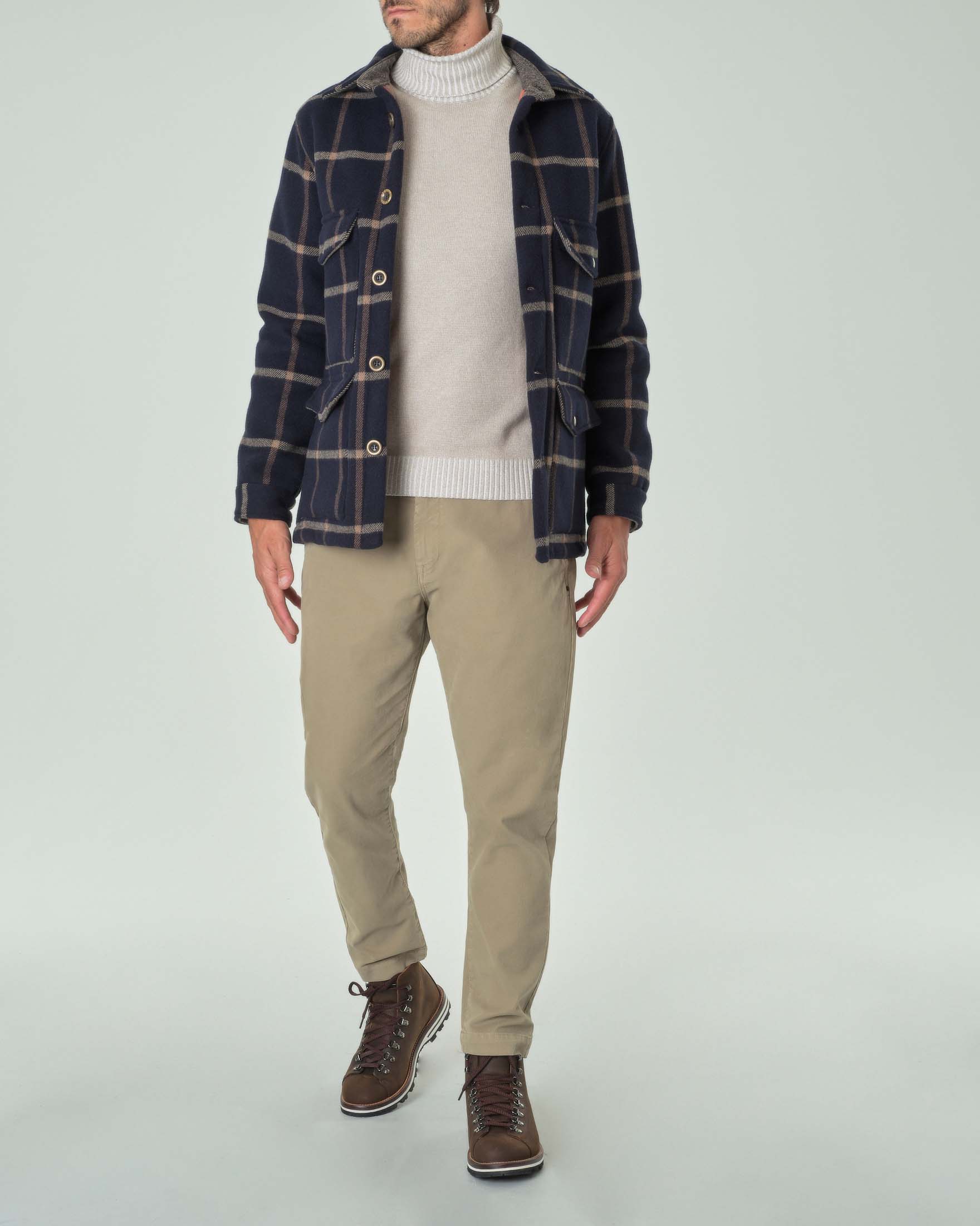 Cappotto in panno di lana blu a quadri color noce