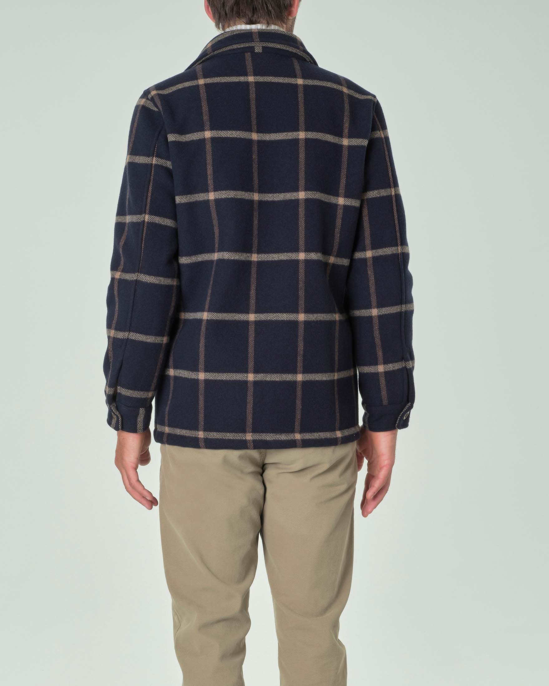 Cappotto in panno di lana blu a quadri color noce