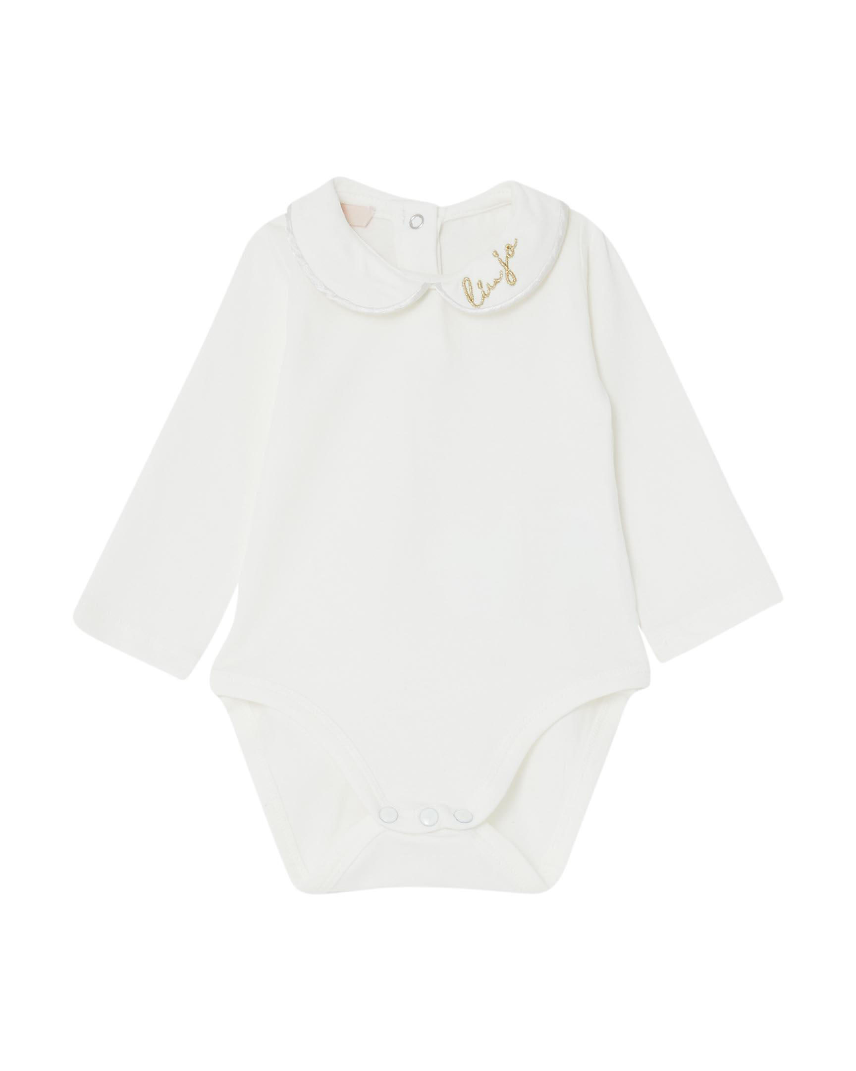 Body bianco in cotone stretch con logo dorato ricamato sul colletto ...