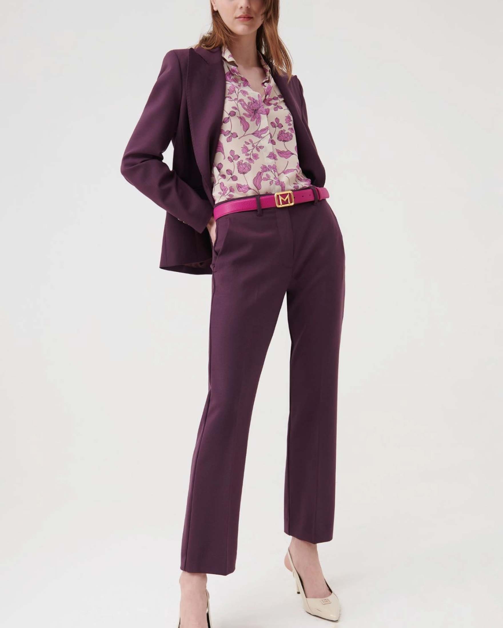 Pantaloni color melanzana in saglia di misto lana dalla linea dritta