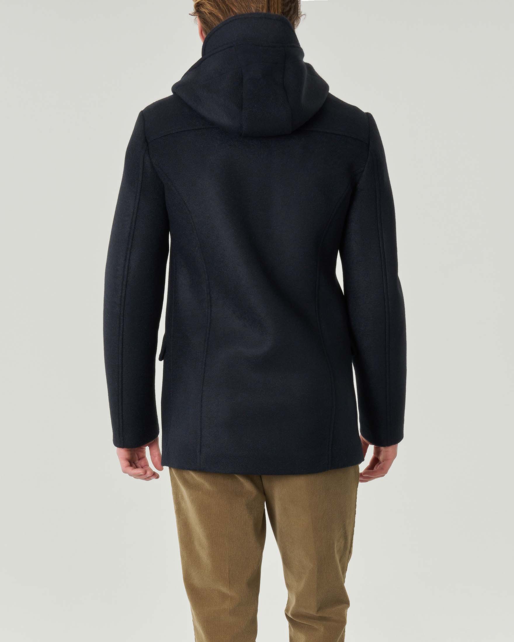 Cappottino blu in panno di lana con cappuccio