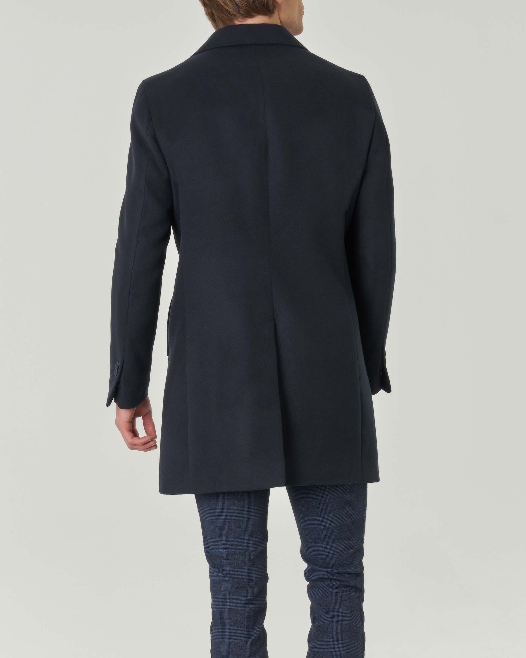 Cappotto blu in panno di viscosa stretch con chiusura a tre bottoni