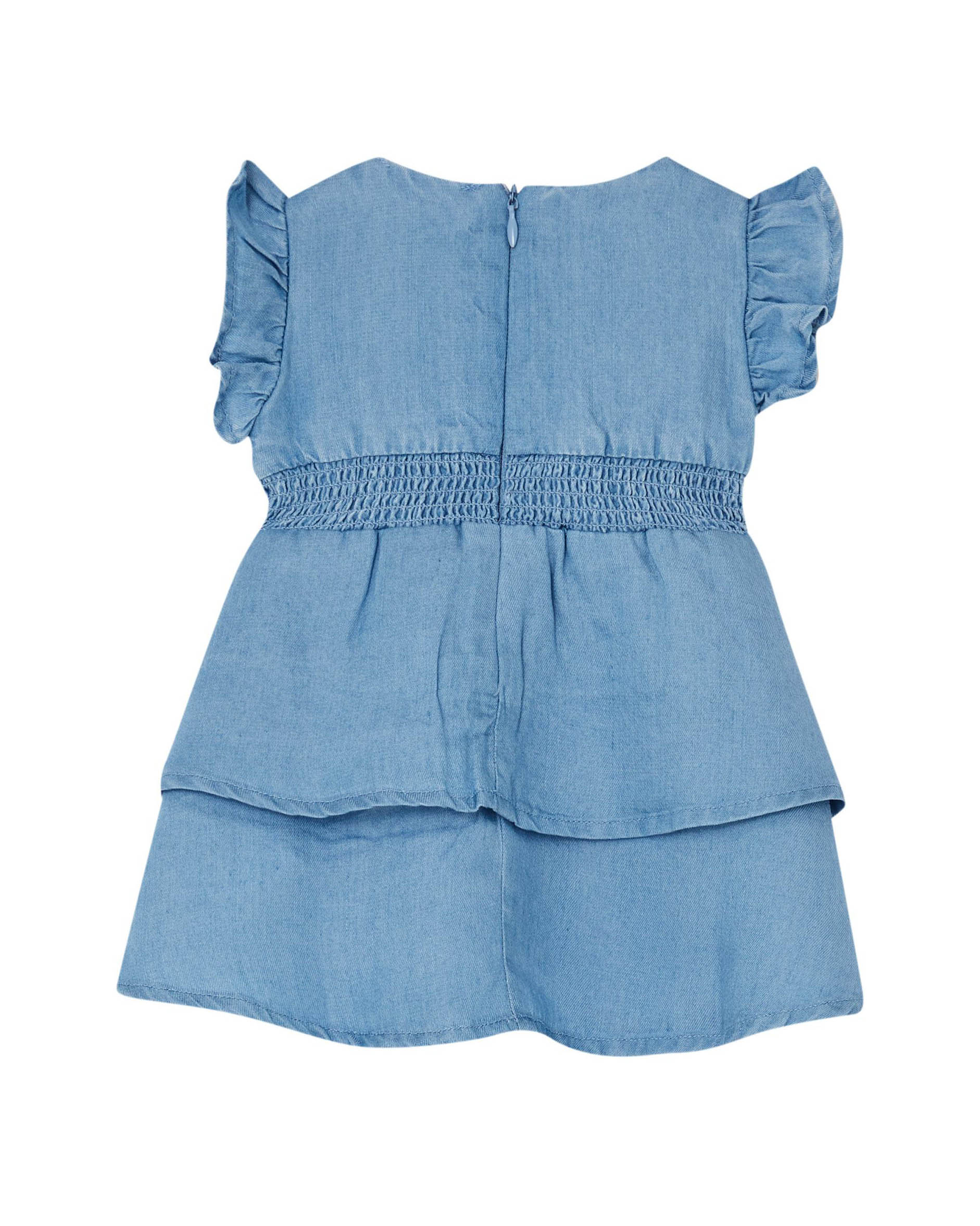 Abito mini in chambray a balze e maniche ad aletta