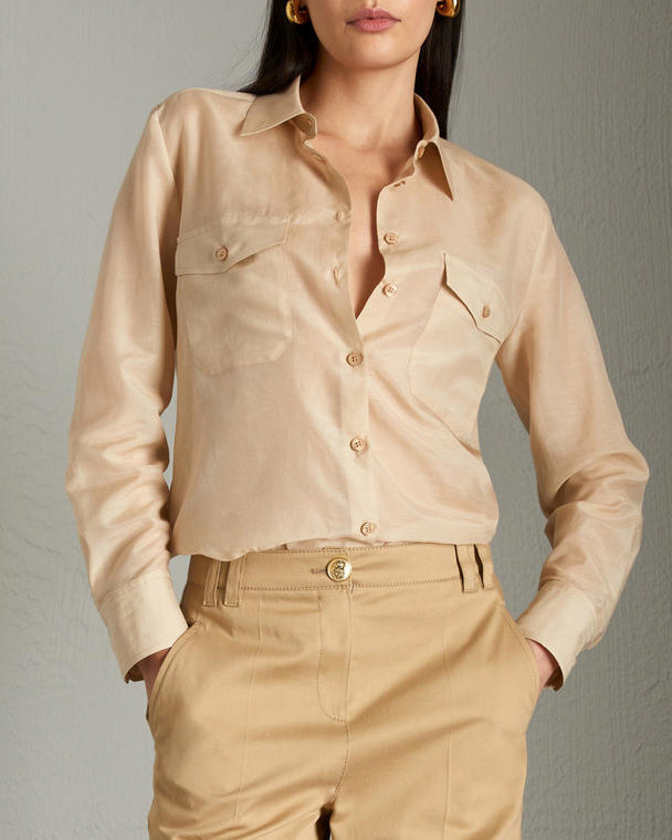 Camicia color sabbia in mussola leggera di cotone e seta con doppio ...