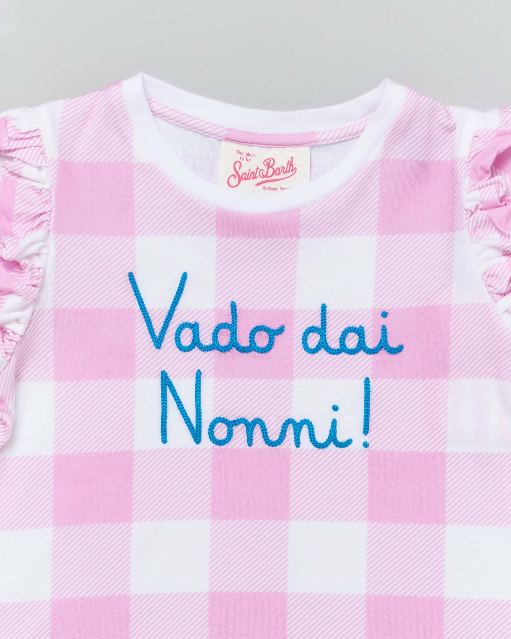 T-shirt vichy rosa e bianca in cotone a maniche corte con scritta 'Vado ...