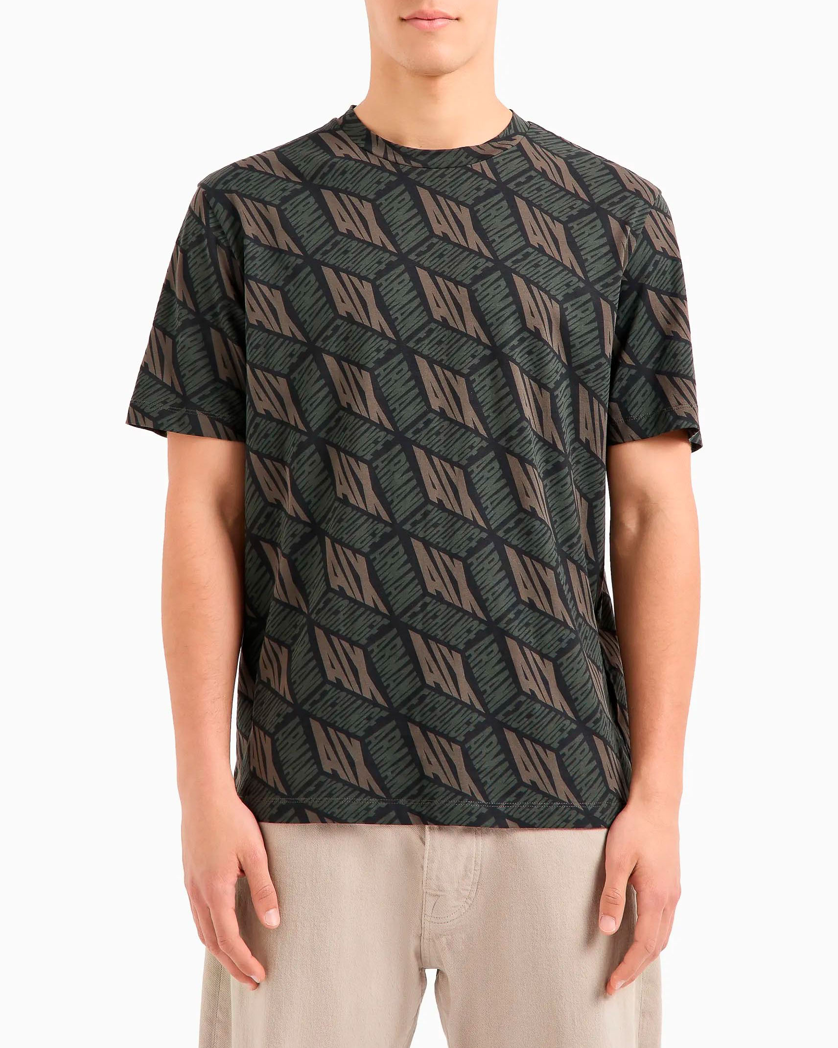 T-shirt mezza manica verde militare con scritta logo all over