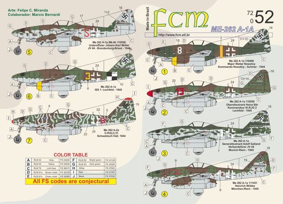 Messerschmitt Me 262A-1a aces Decals 1/72 - FCM DECALS 72052