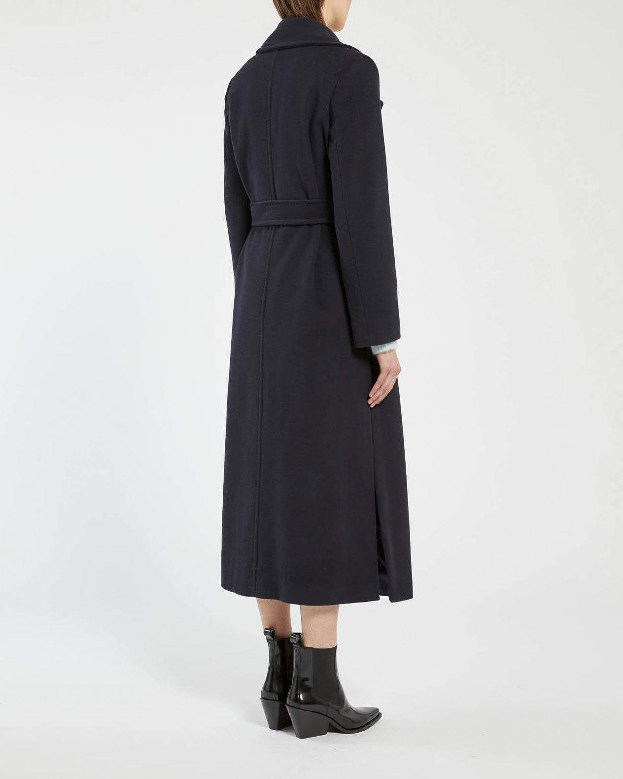 Cappotto lungo nero in panno di pura lana vergine con spacchi laterali ...