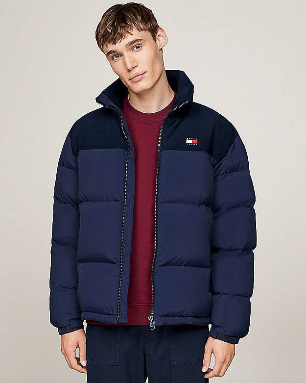 Piumino Alaska blu in nylon imbottito in piuma con inserto in velluto a ...