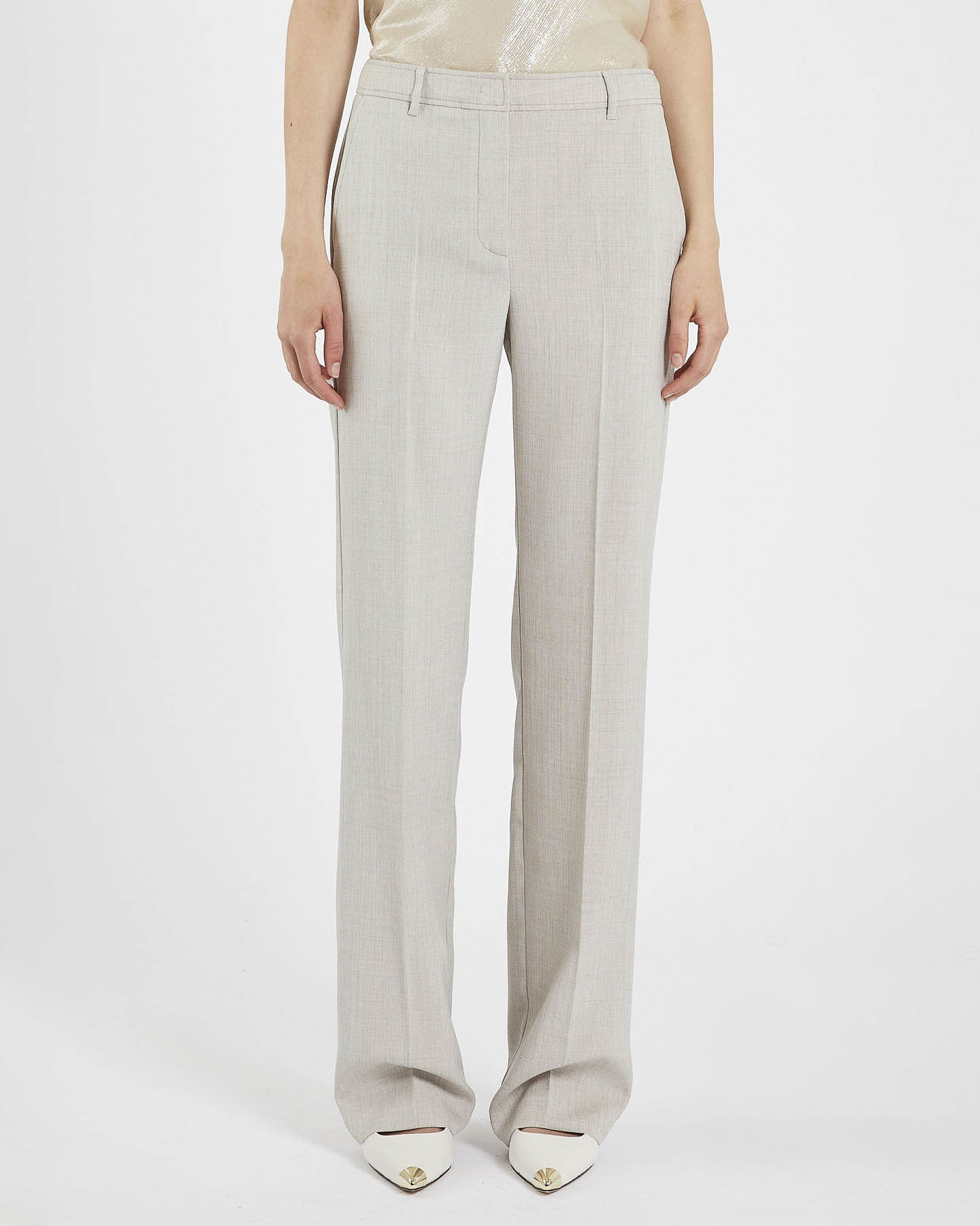 Pantaloni grigio beige in stuoia stretch mélange dalla linea straight