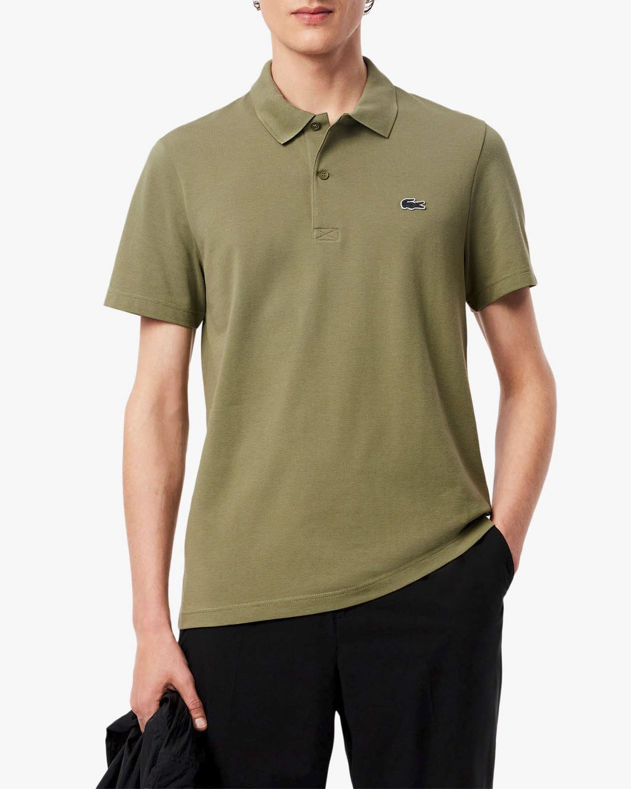 Polo mezza manica verde militare in cotone organico stretch punto wafer ...