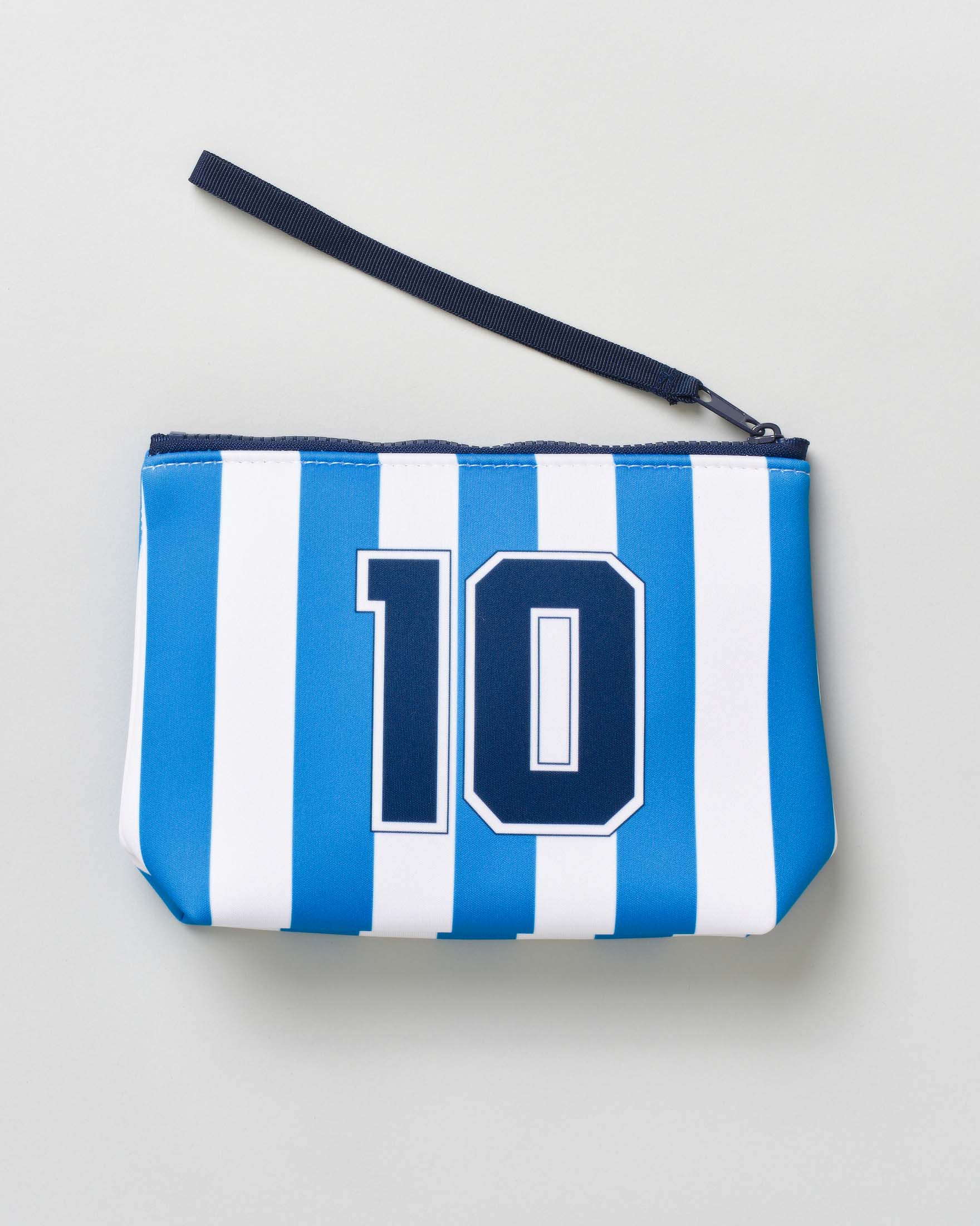 Pochette MC2 Saint Barth Aline a righe bianche e celesti in neoprene con grafica Napoli e numero 10