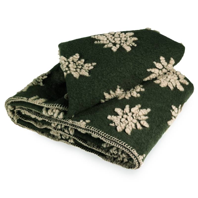 Moss-colored Boiled Wool Throw with Alpine Motif - 250x220 cm (2 squares)