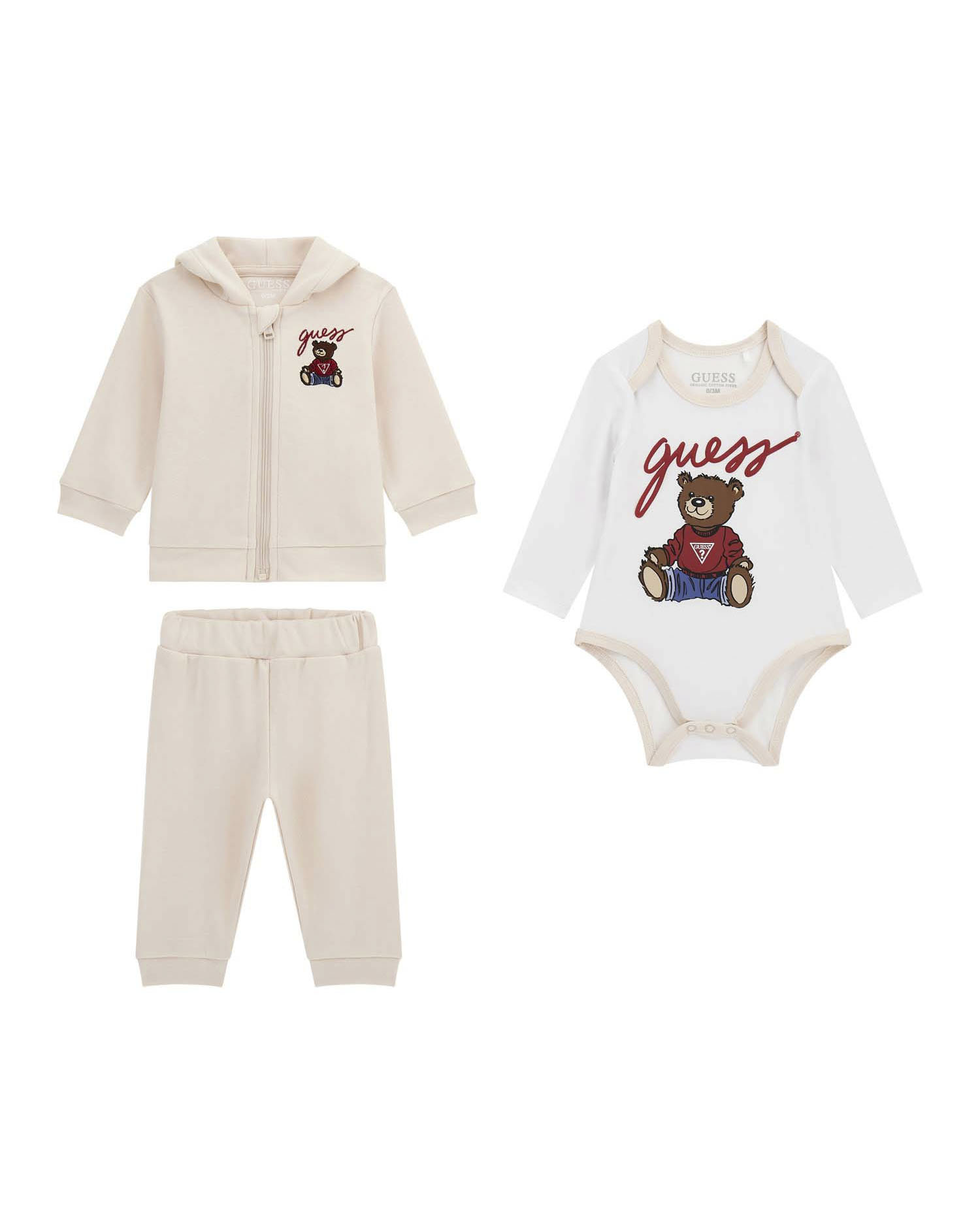 Tuta Guess in puro cotone color panna e body con orsetto
