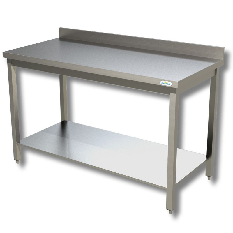 Tavolo Inox con Ripiano Intermedio - Dim. 130 x 60 x 85 cm - con Alzatina
