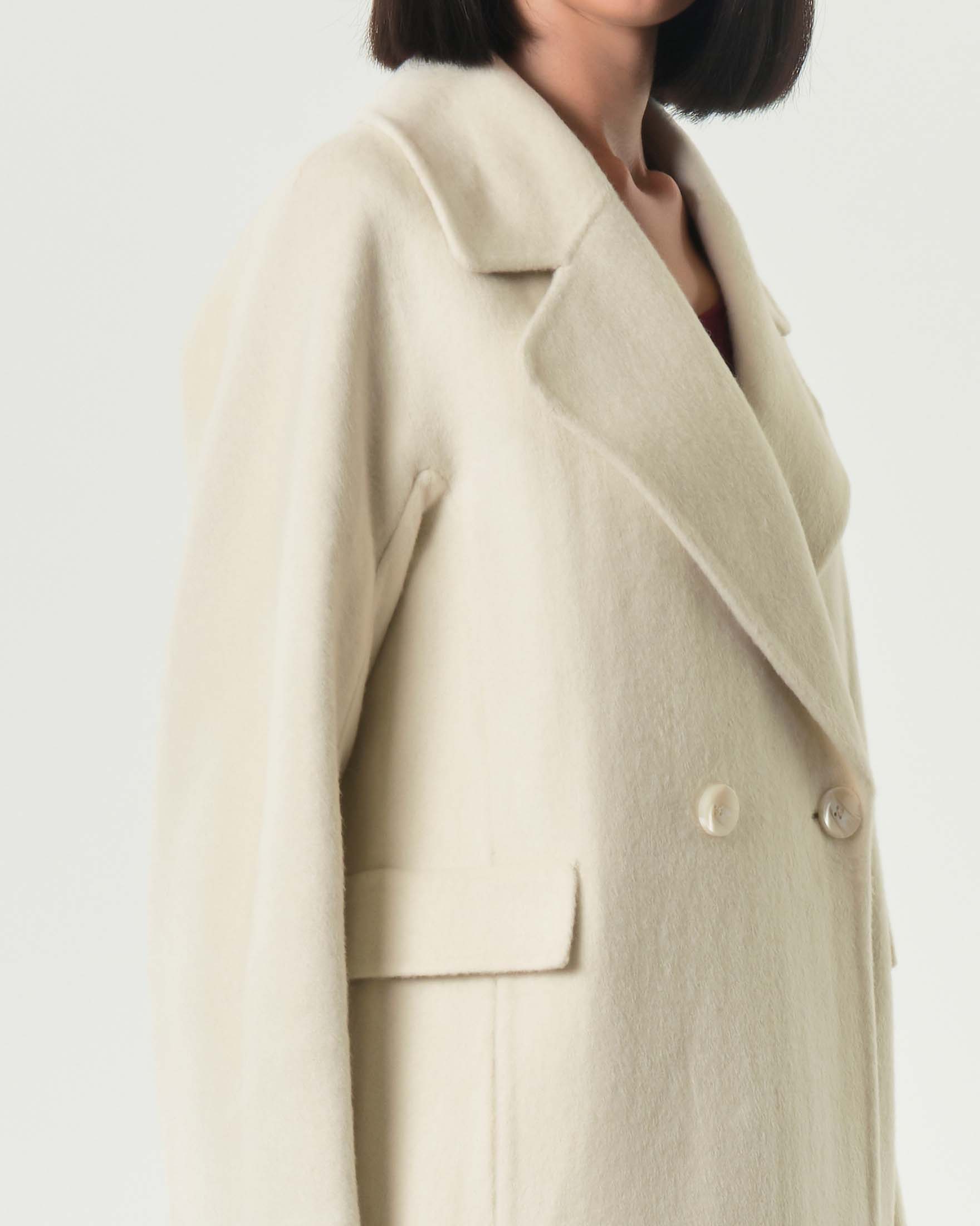Cappotto color panna Hlo! doppiopetto in double di misto lana con ...