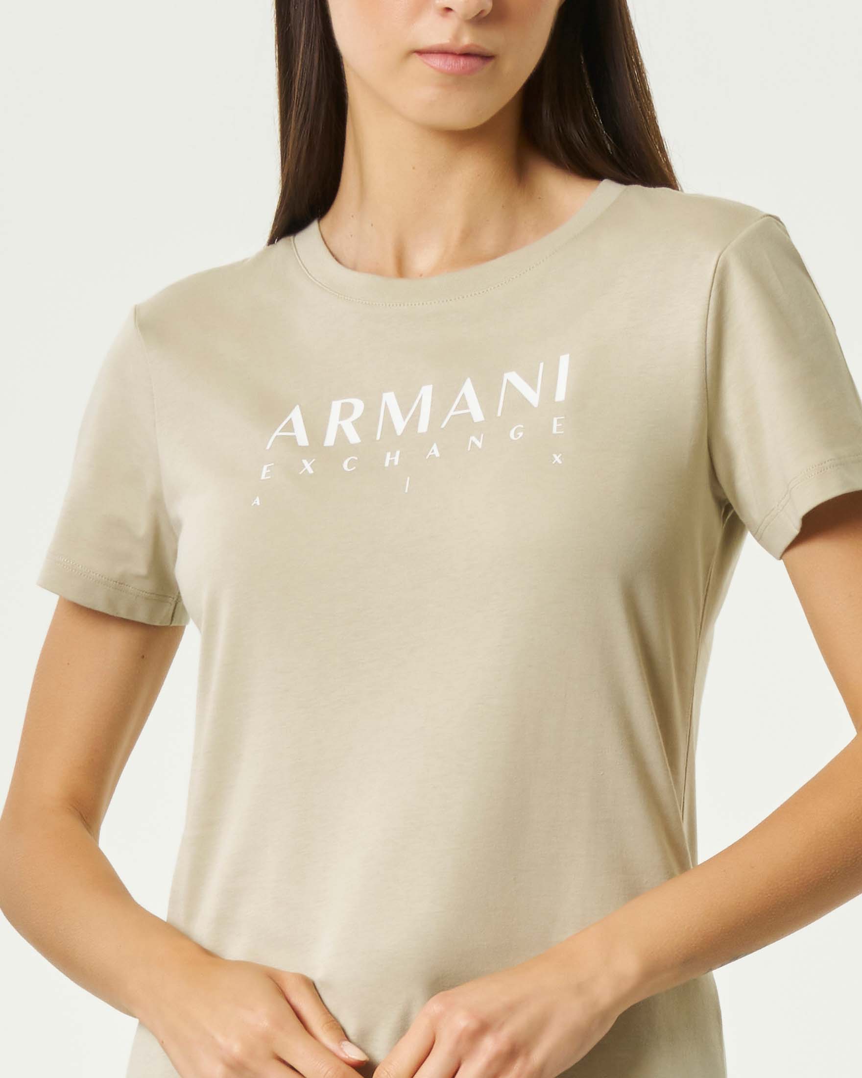 T-shirt girocollo Armani Exchange beige in puro cotone con lettering ...